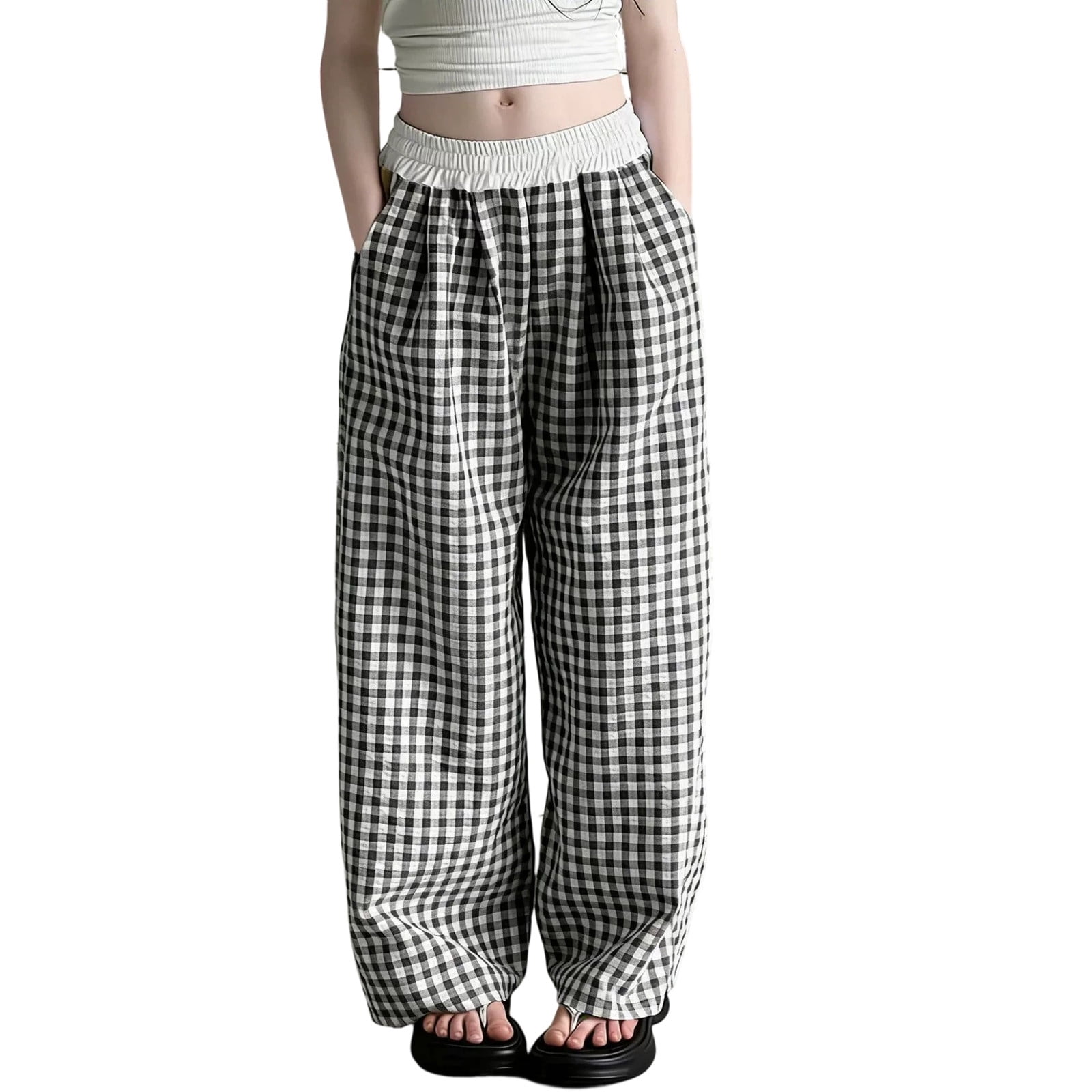 Afdoent Girls Pants Casual Straight Leg Pants Summer Plaid Blend Long ...