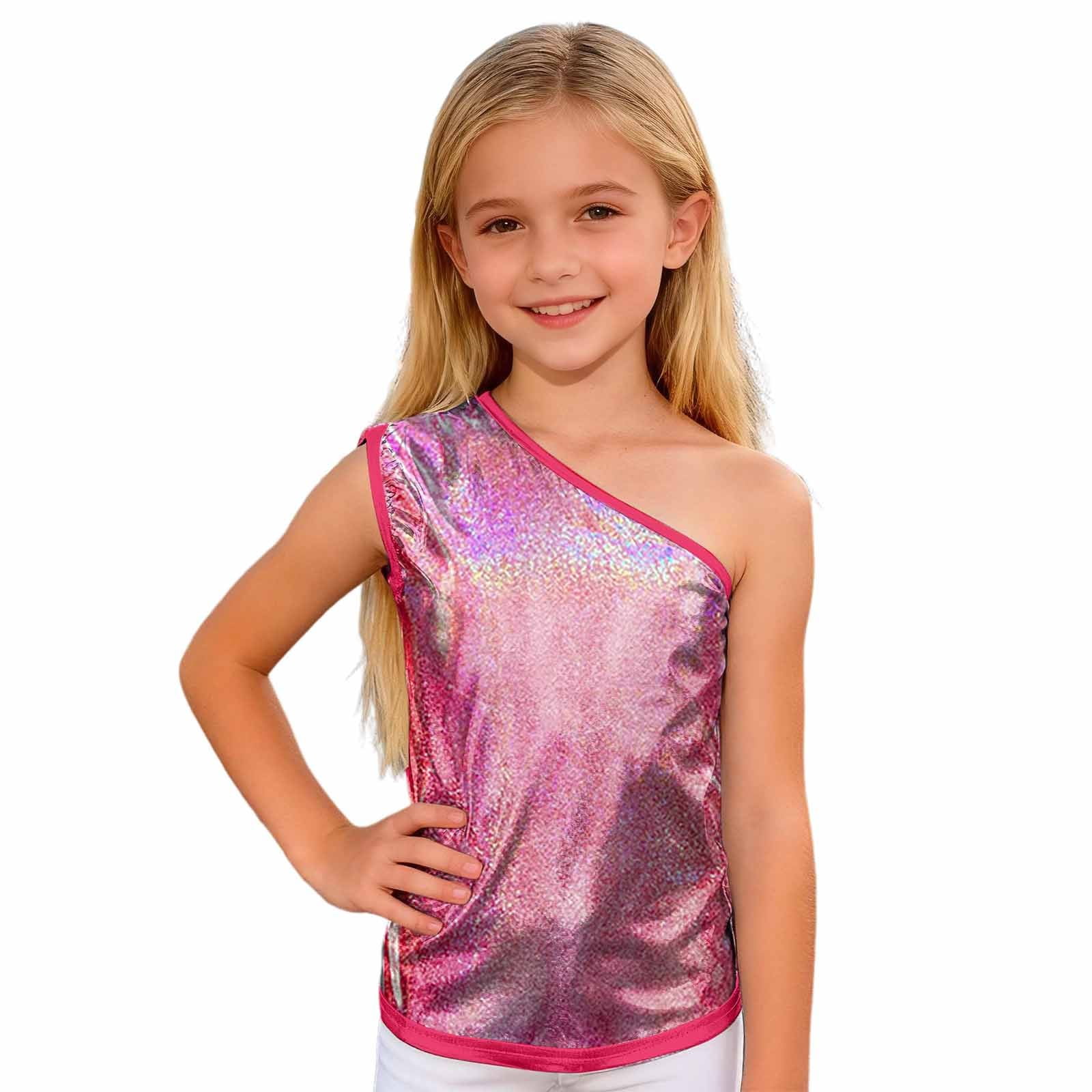Afdoent Girls Sequin Performance Top Asymmetrical Shoulder Sleeveless ...