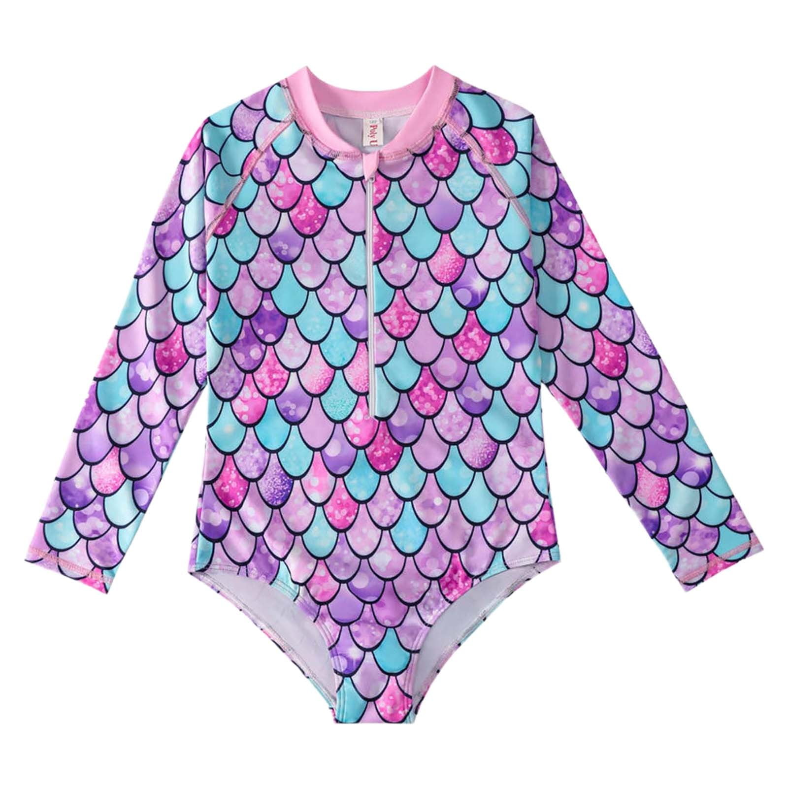 Afdoent Girls Swimsuit One Piece Swimwear For Kids Long Sleeve Scales ...