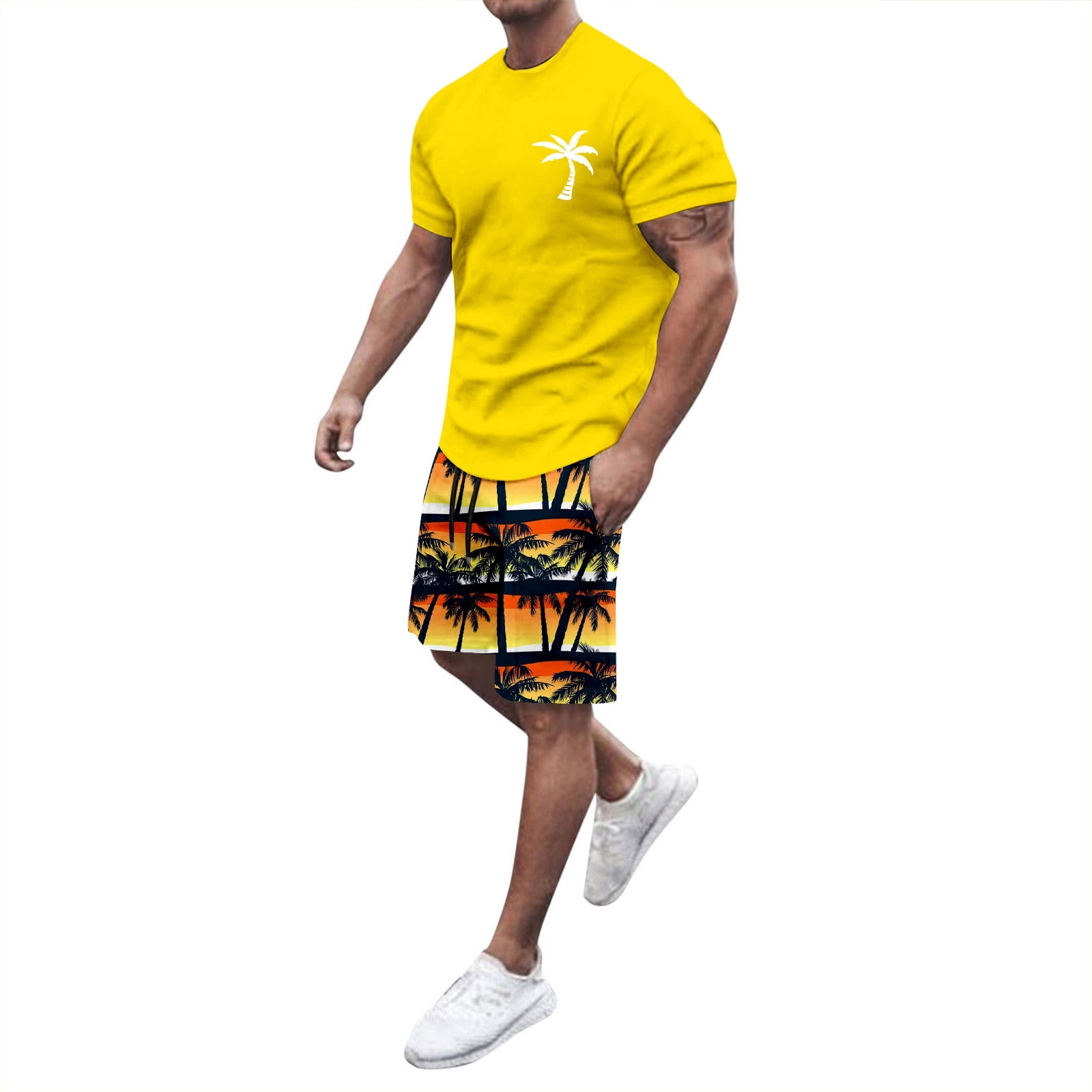 Afdoent Men's 2 Piece Short Set Mens Hawaiian Crew Neck Short Sleeve T ...