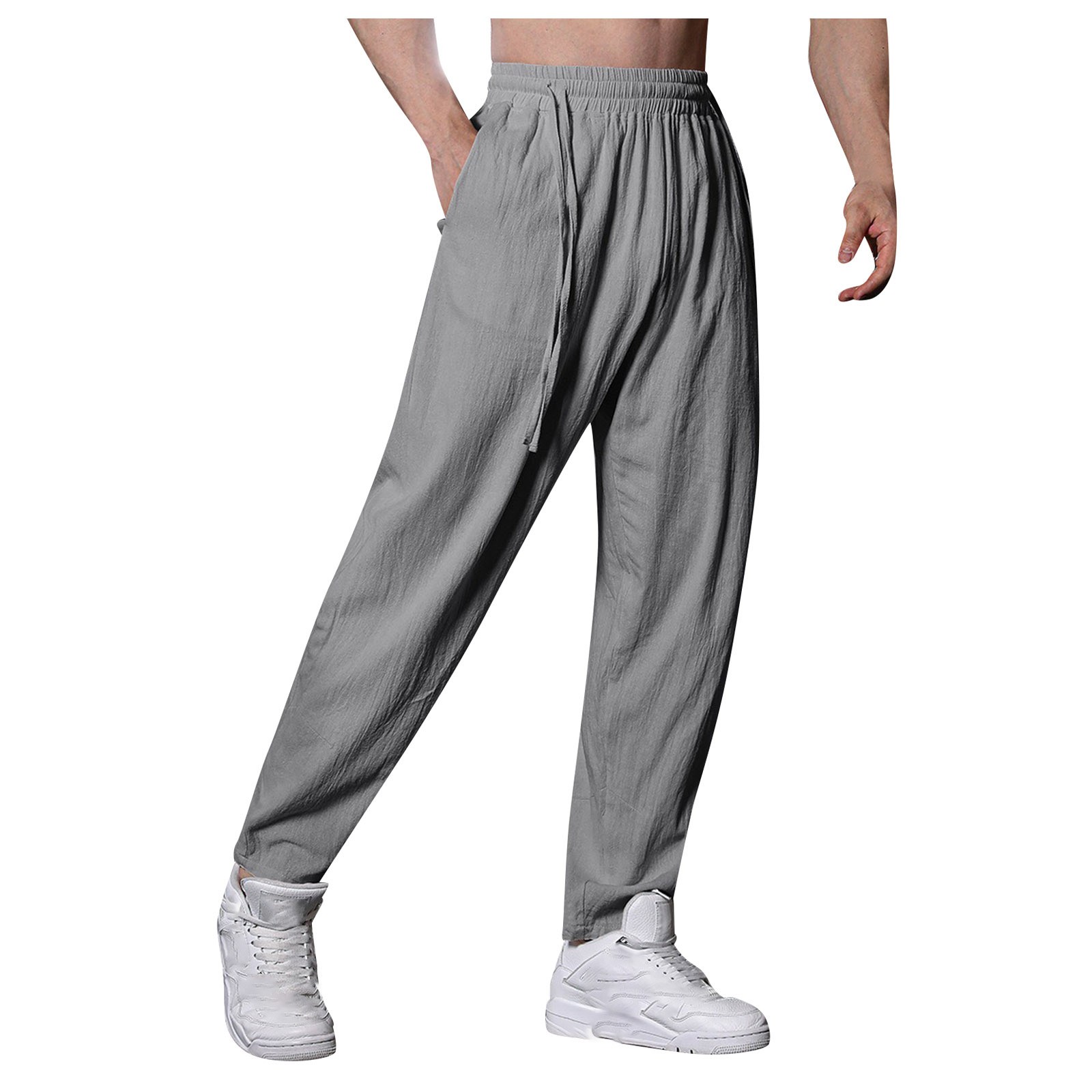 Afdoent Men's Casual Pants Male Casual Linen Pants Elastic Waist ...