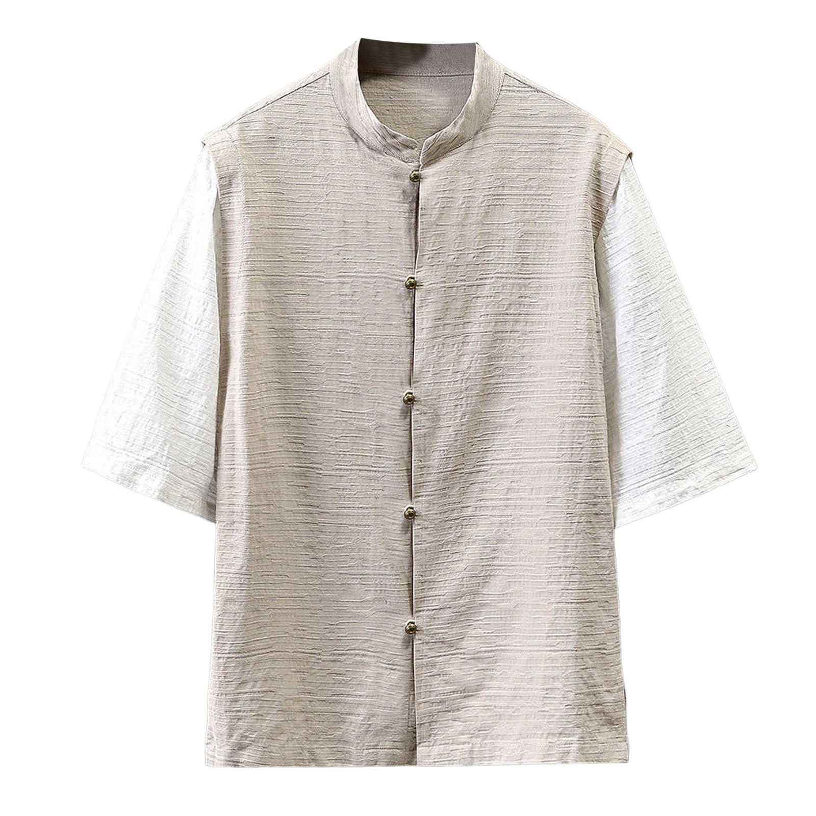 Afdoent Men's Casual Shirts 2025 Male Summer Linen Crew Neck Patchwork Half Sleeve Linen Two ...