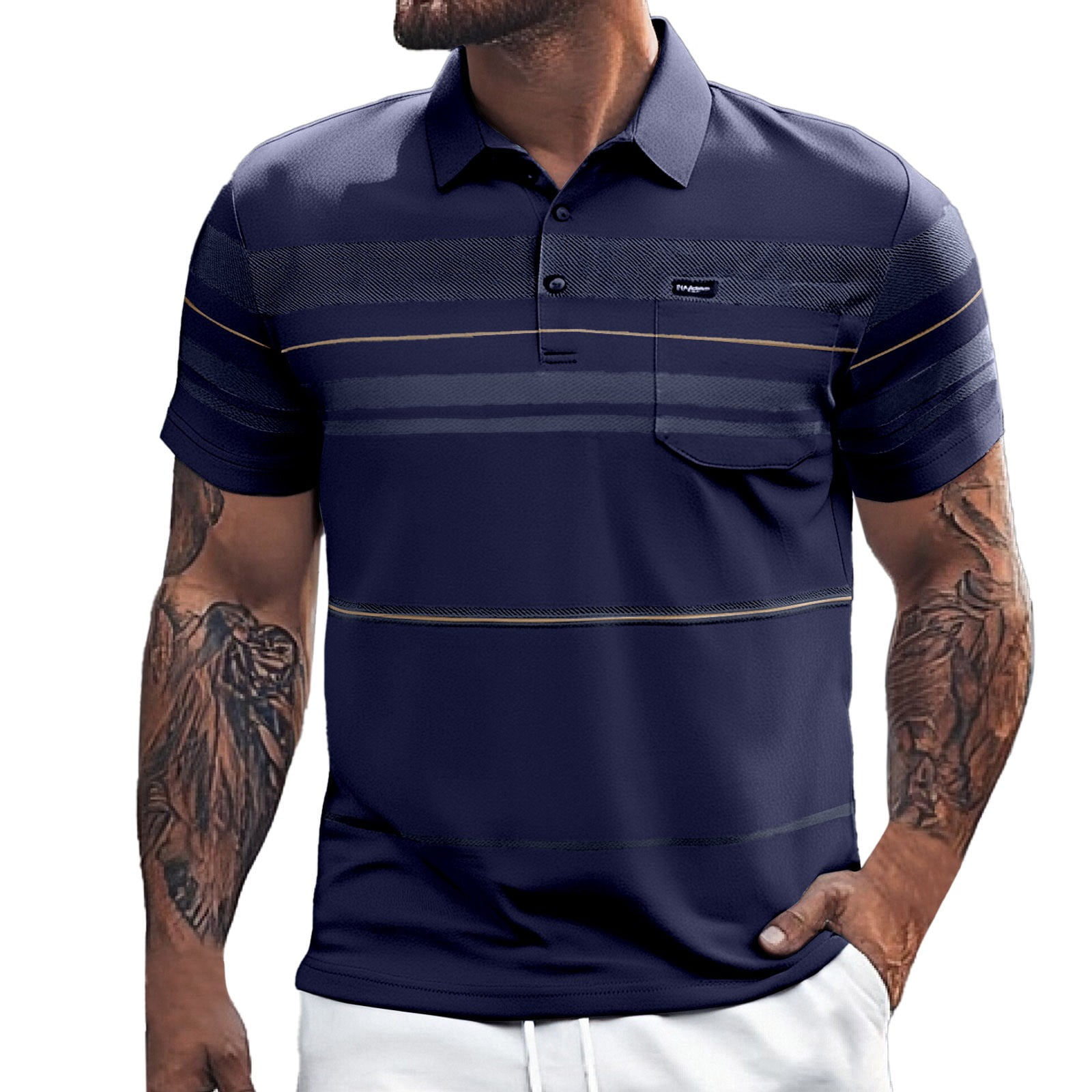 Afdoent Men's Polo Shirts Color Block Striped Lapel Button Open Neck ...