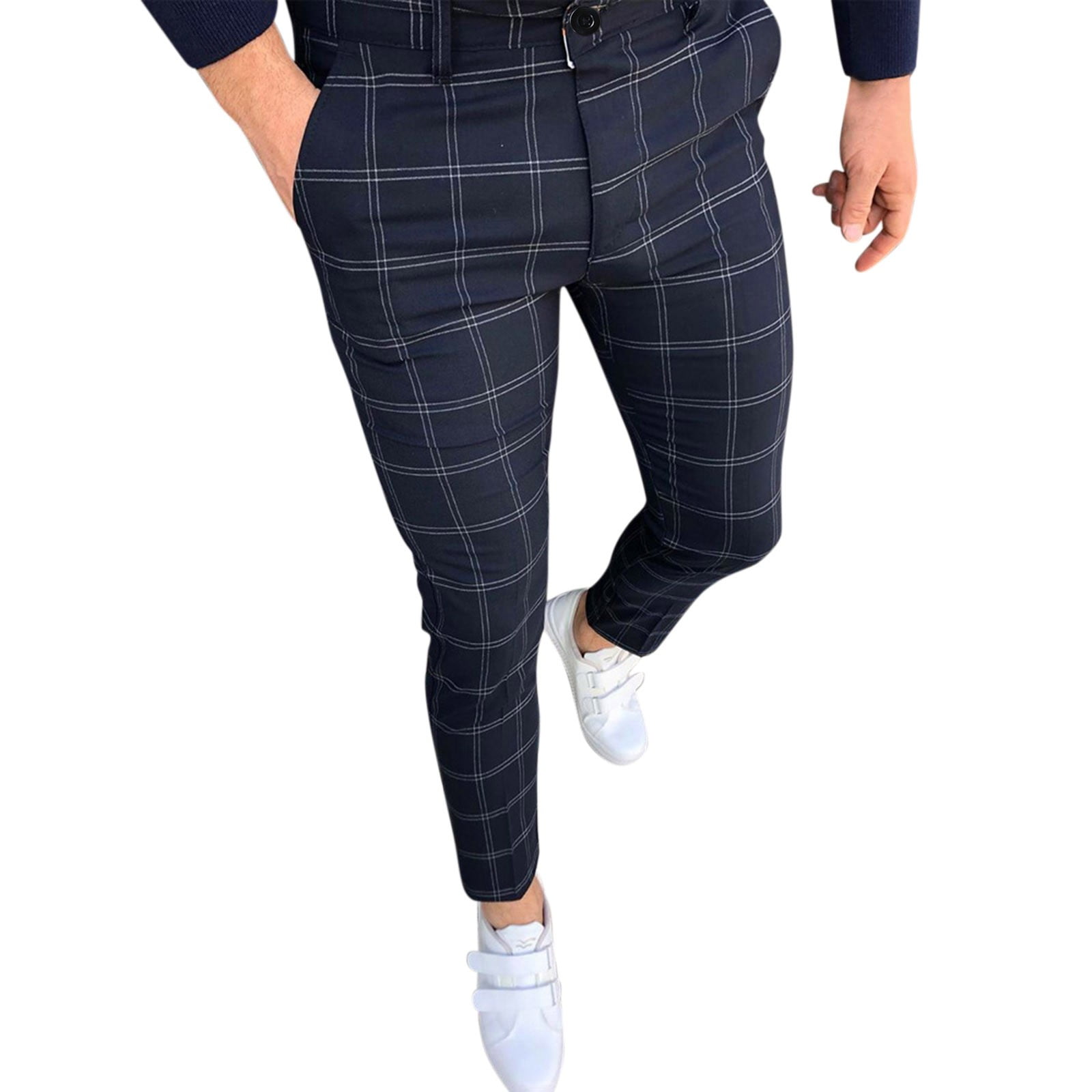Afdoent Mens Pants Trousers Slim Fit Plaid Print Zipper Fashionable ...