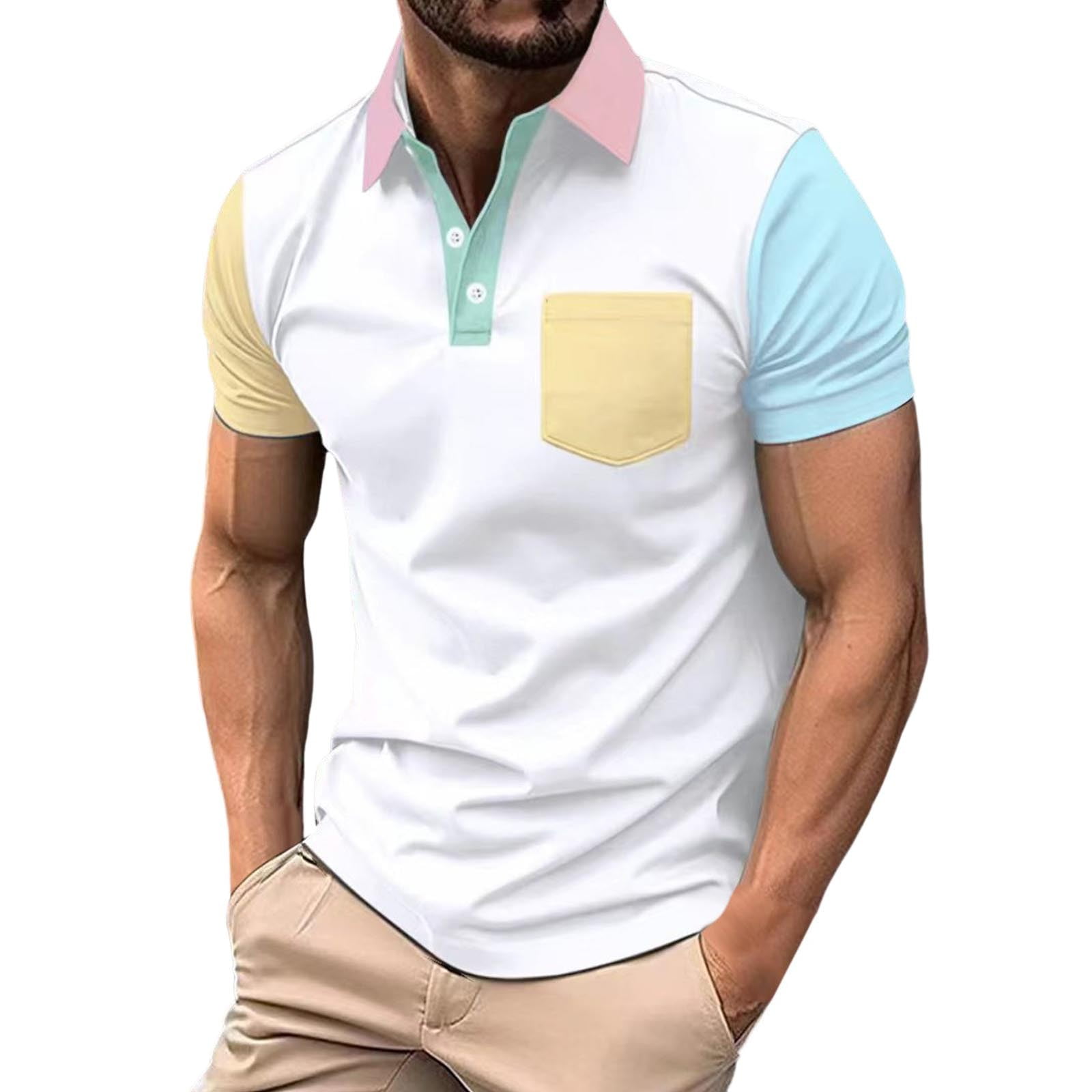 Afdoent Mens Polo Shirts Color Block Muscle Fit Lapel Short Sleeve ...
