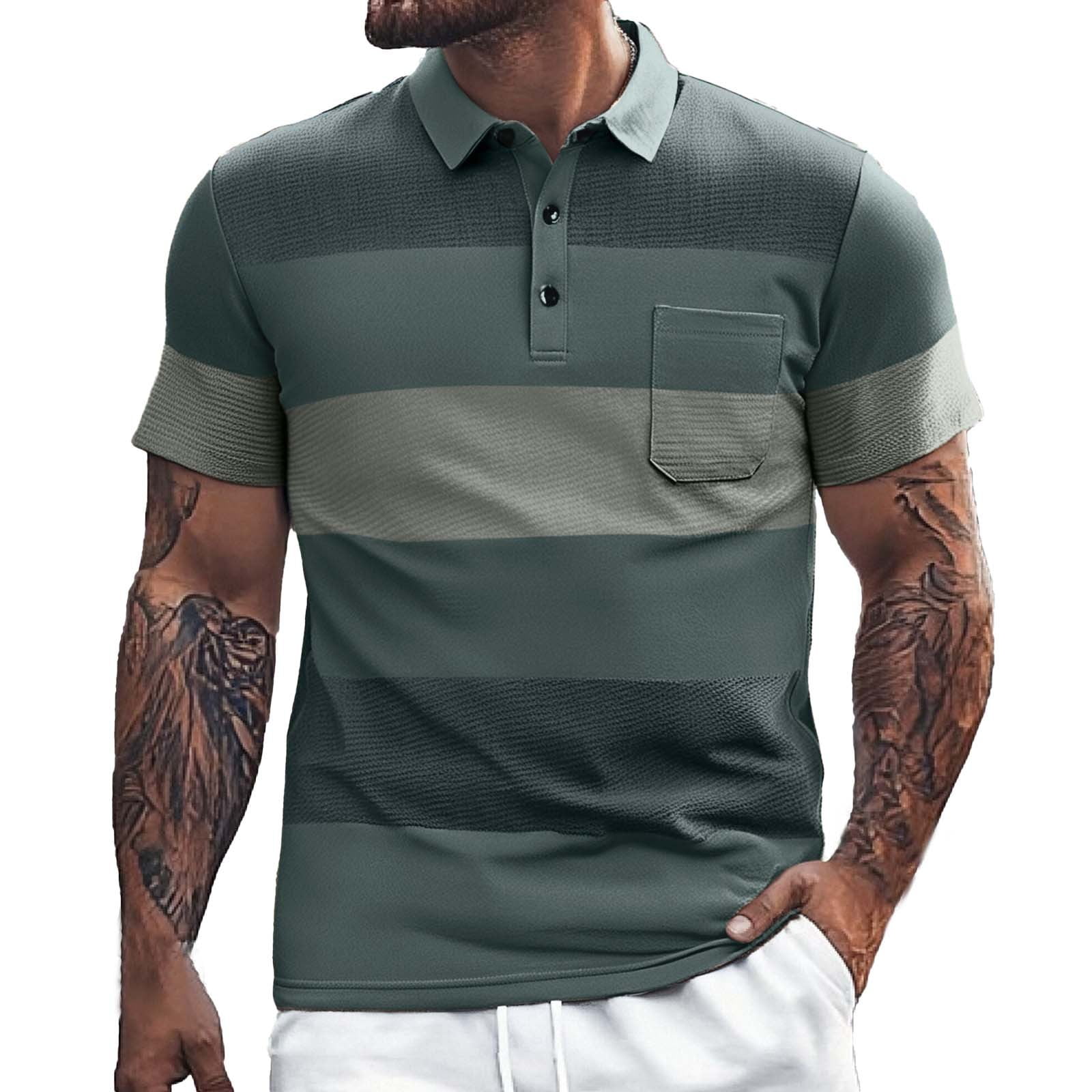 Afdoent Mens Polo Shirts Color Block Striped Lapel Button Open Neck ...