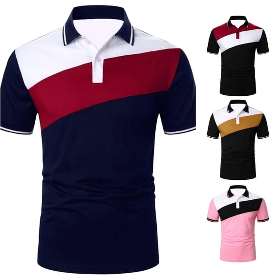 Afdoent Mens Polo Shirts Summer Color Block Lapel Short Sleeve Shirt ...