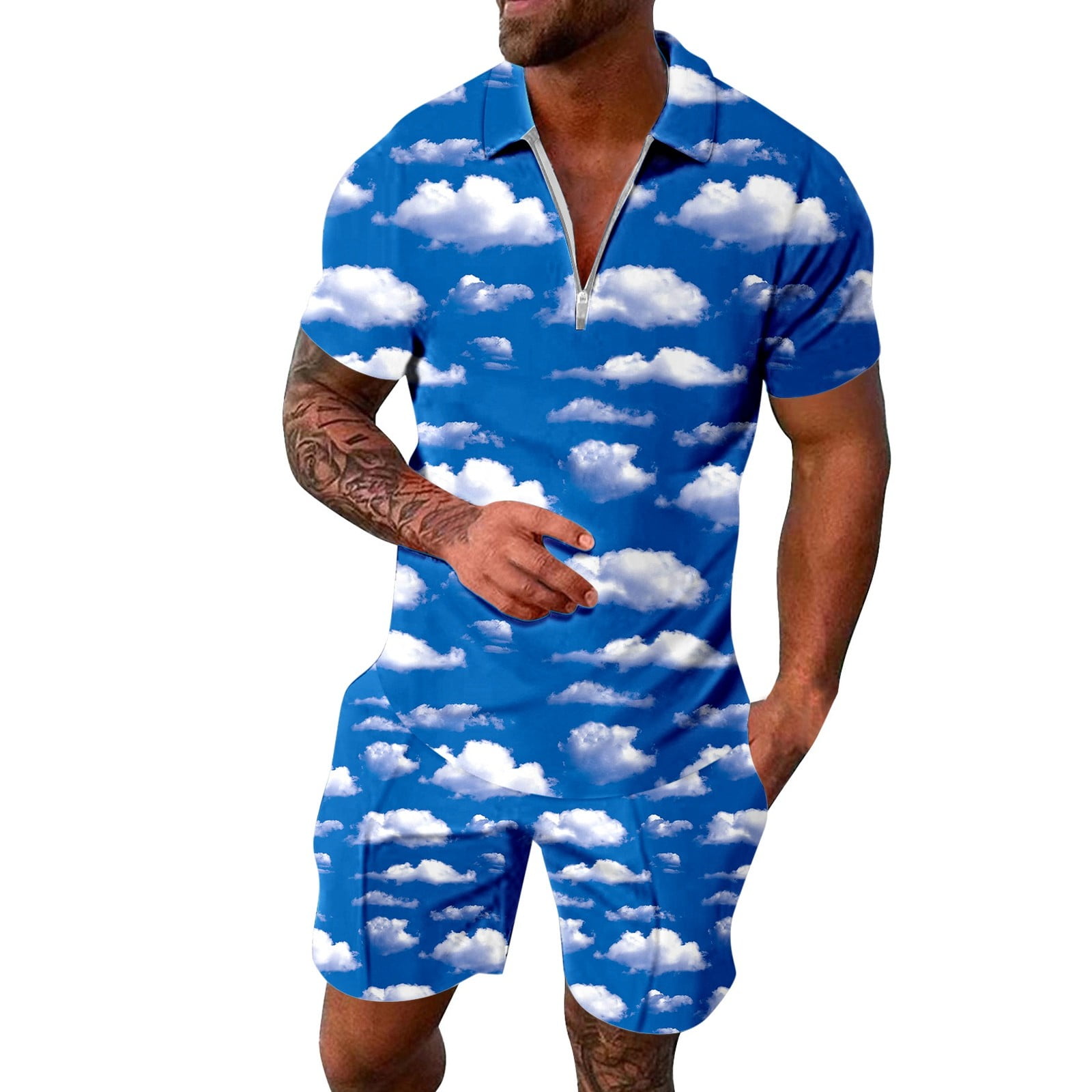 Afdoent Mens Two Piece Outfits Men's Sky Blue Cloud Summer Short ...