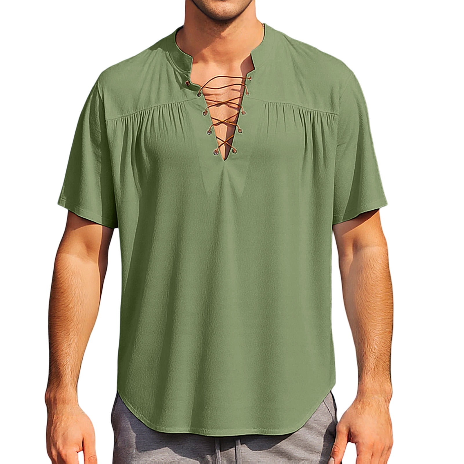 Afdoent Shirt For Men Male Spring Summer Solid Color Tie Up Collar ...