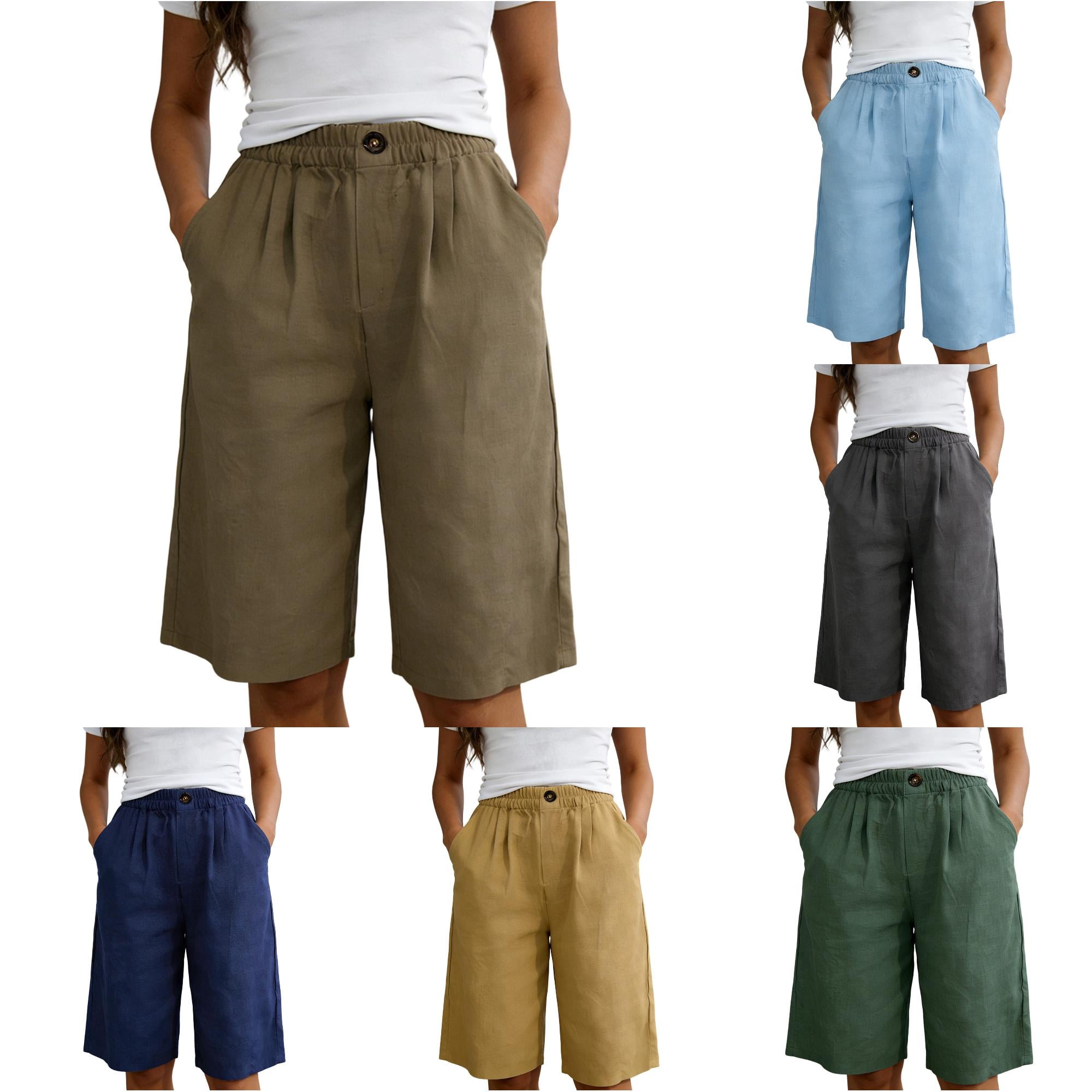 Afdoent Shorts For Women Knee Length Elastic Waist Solid Color Button ...