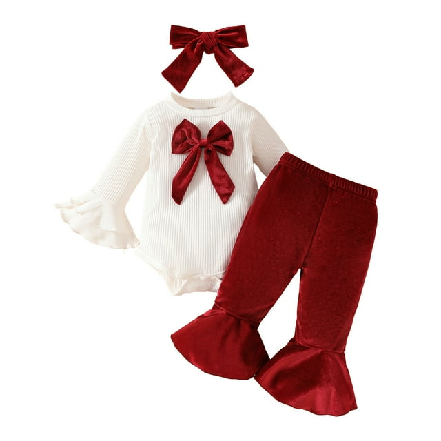 Afdoent Toddler Girl Clothes Outfit Infant Girls Long Sleeve Ribbed Bowknot Romper Bodysuit ...