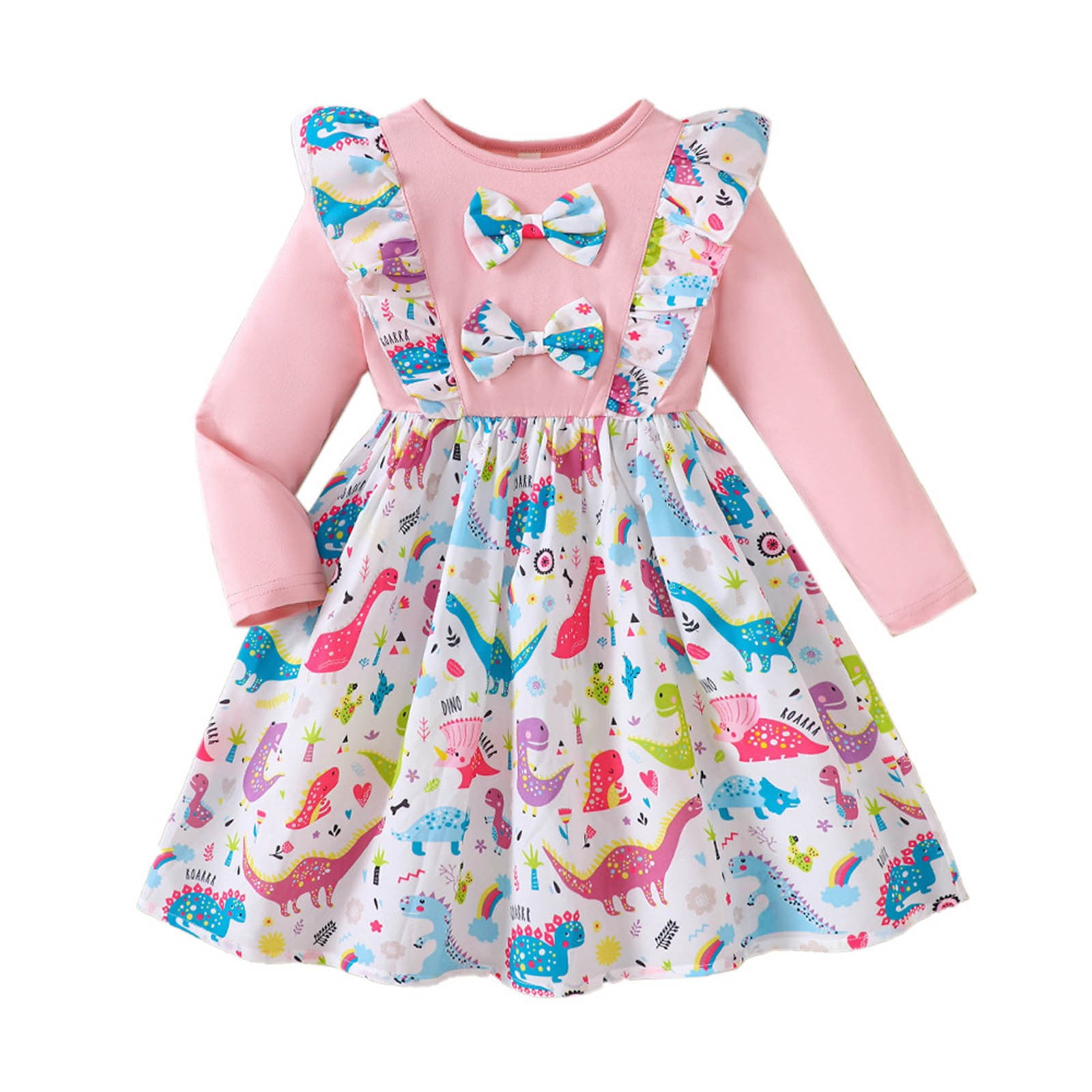 Afdoent Toddler Girls Dress Dinosaur Print Girls Dress With Bow Detail ...