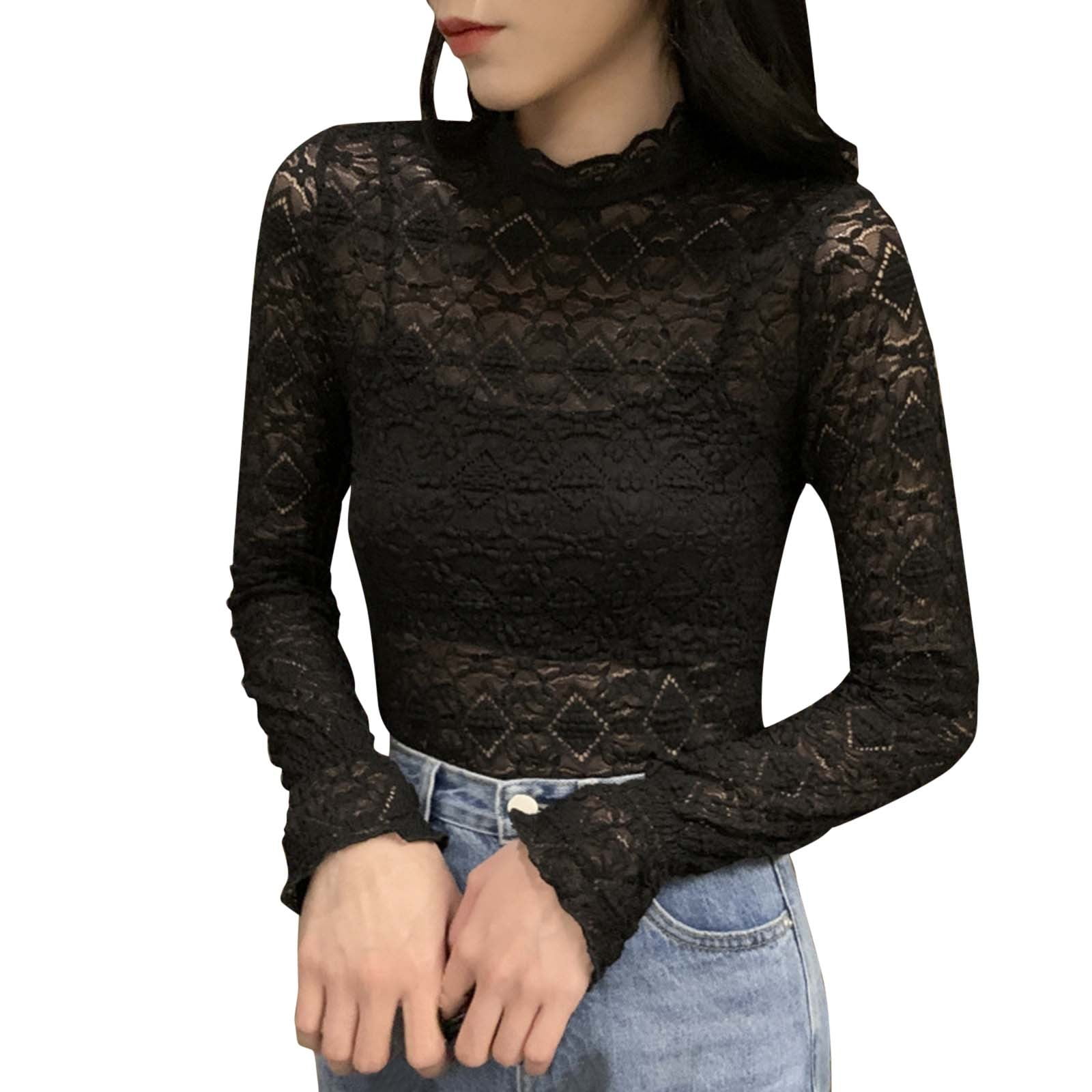 Afdoent Tops For Women Trendy Women's Mock Neck Lace Top Long Sleeve ...