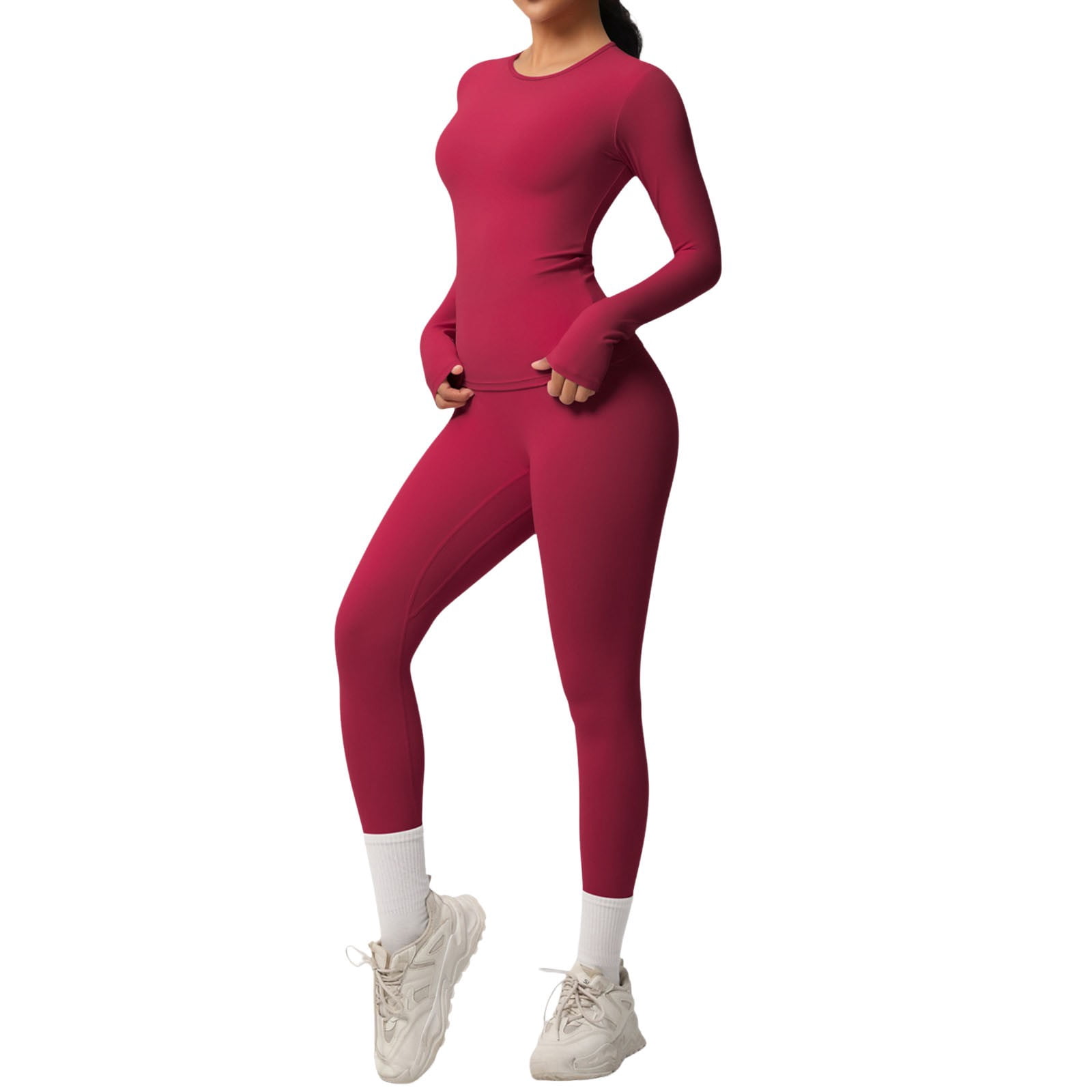 Afdoent Women 2 Piece Workout Sets Solid Color Breathable Yoga Long ...