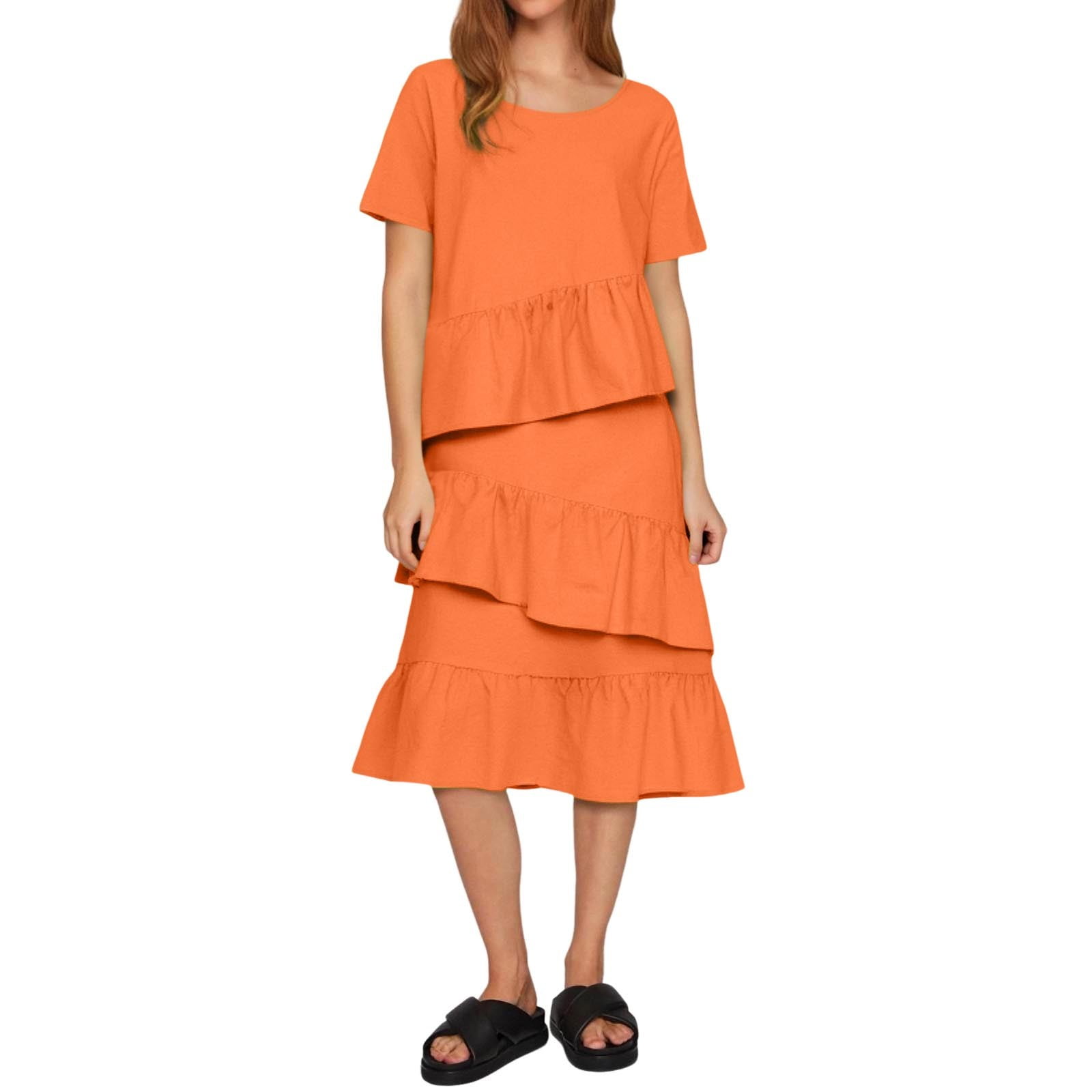 Afdoent Women Dress Ladies Spring Summer Linen Casual Solid Color Crew ...