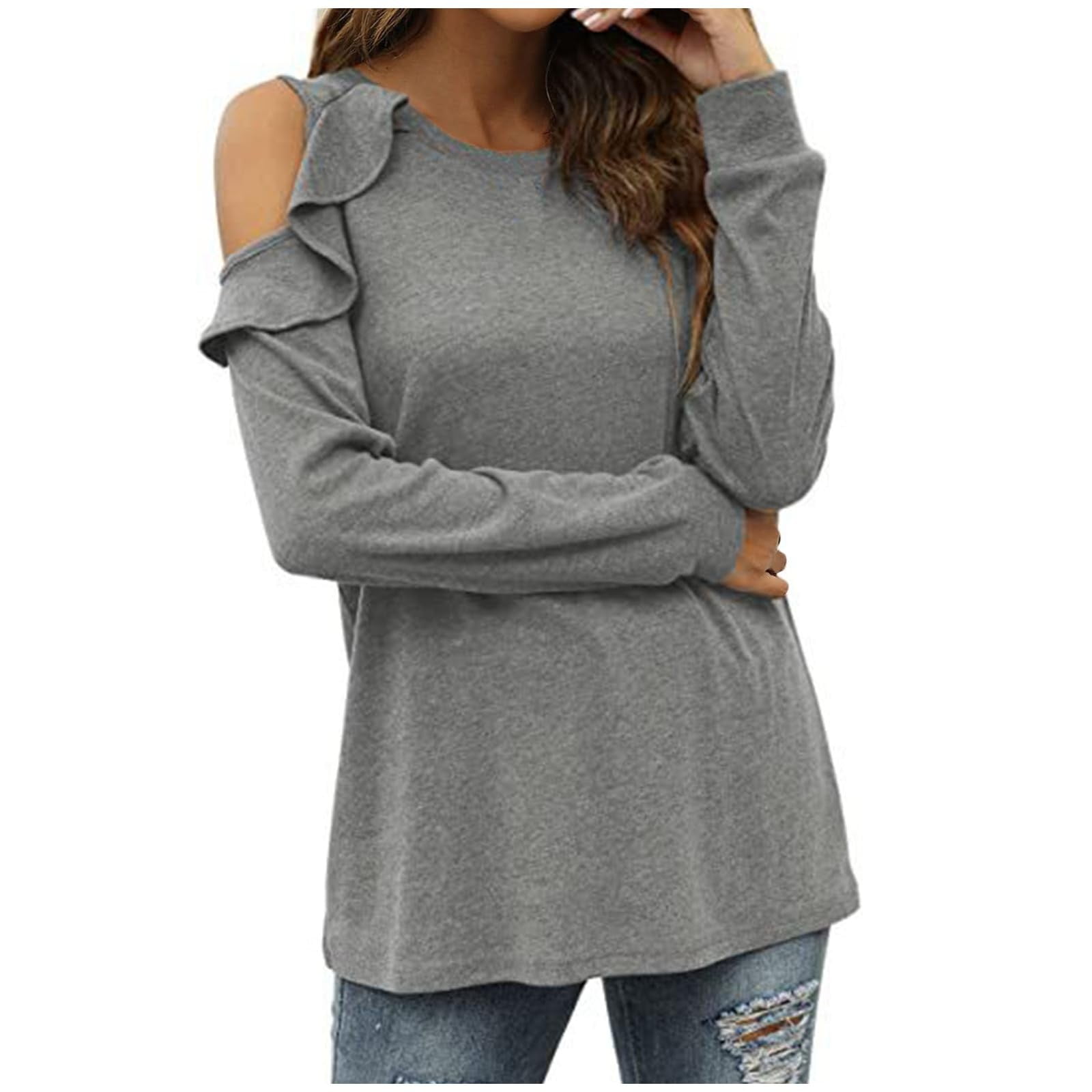 Afdoent Womens Tops Cold Shoulder Ruffle Long Sleeve Shirts 2025 Sexy ...