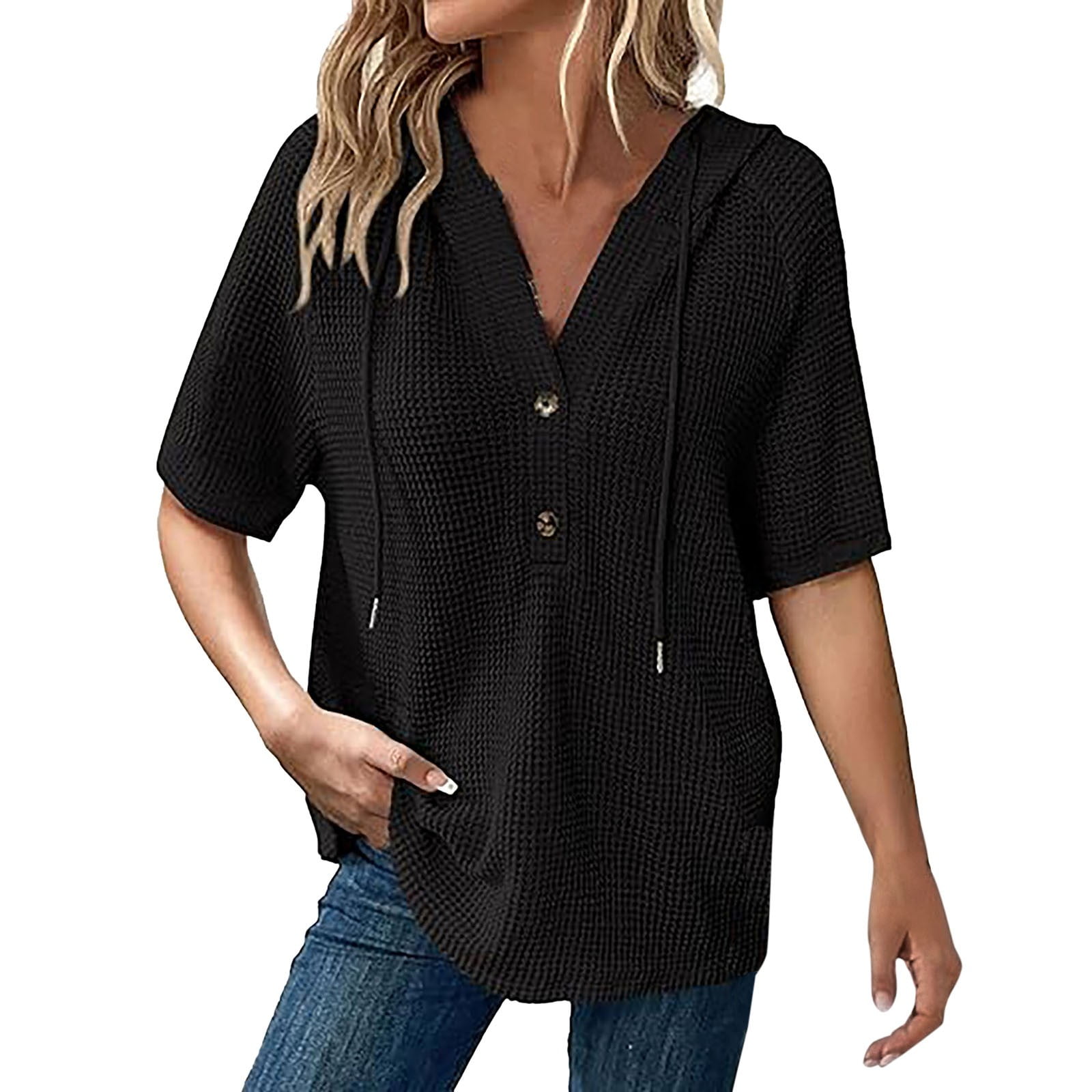 Afdoent Womens Tops Ladies Casaul Solid Color Half Sleeve Loose Hooded ...
