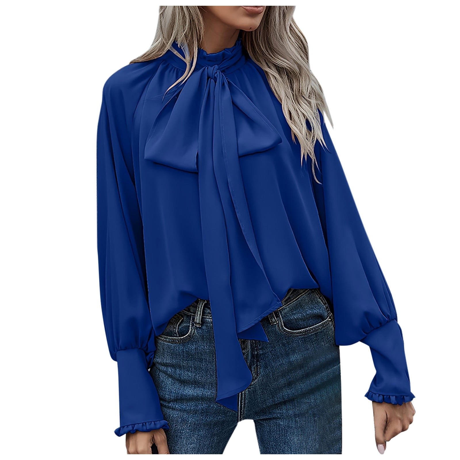 Afdoent Womens Tops Ladies Elegant Tie Knot Neck Work Blouse Loose Fit ...