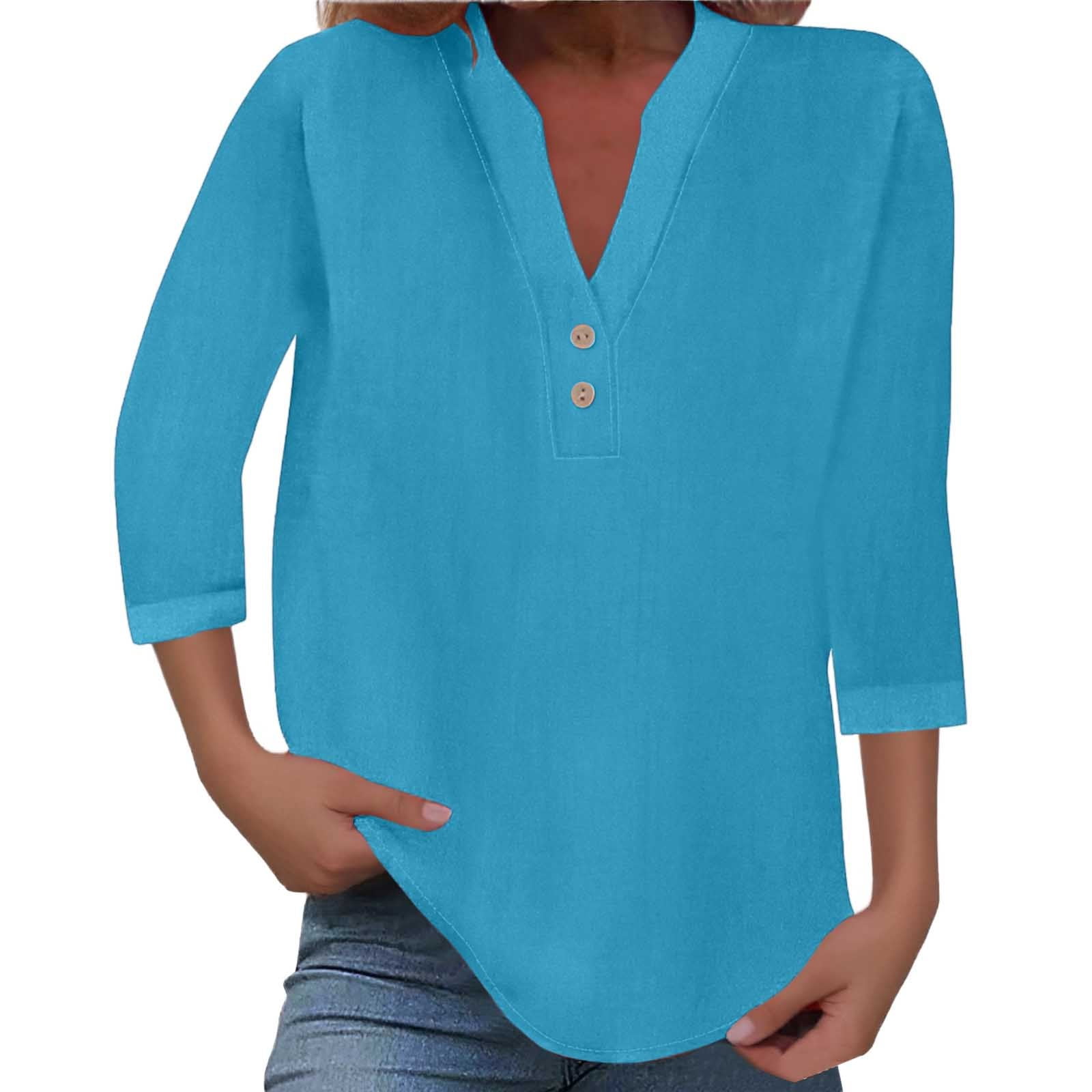 Afdoent Womens Tops Women Fashion V Neck 3/4 Sleeve Button Solid Color ...