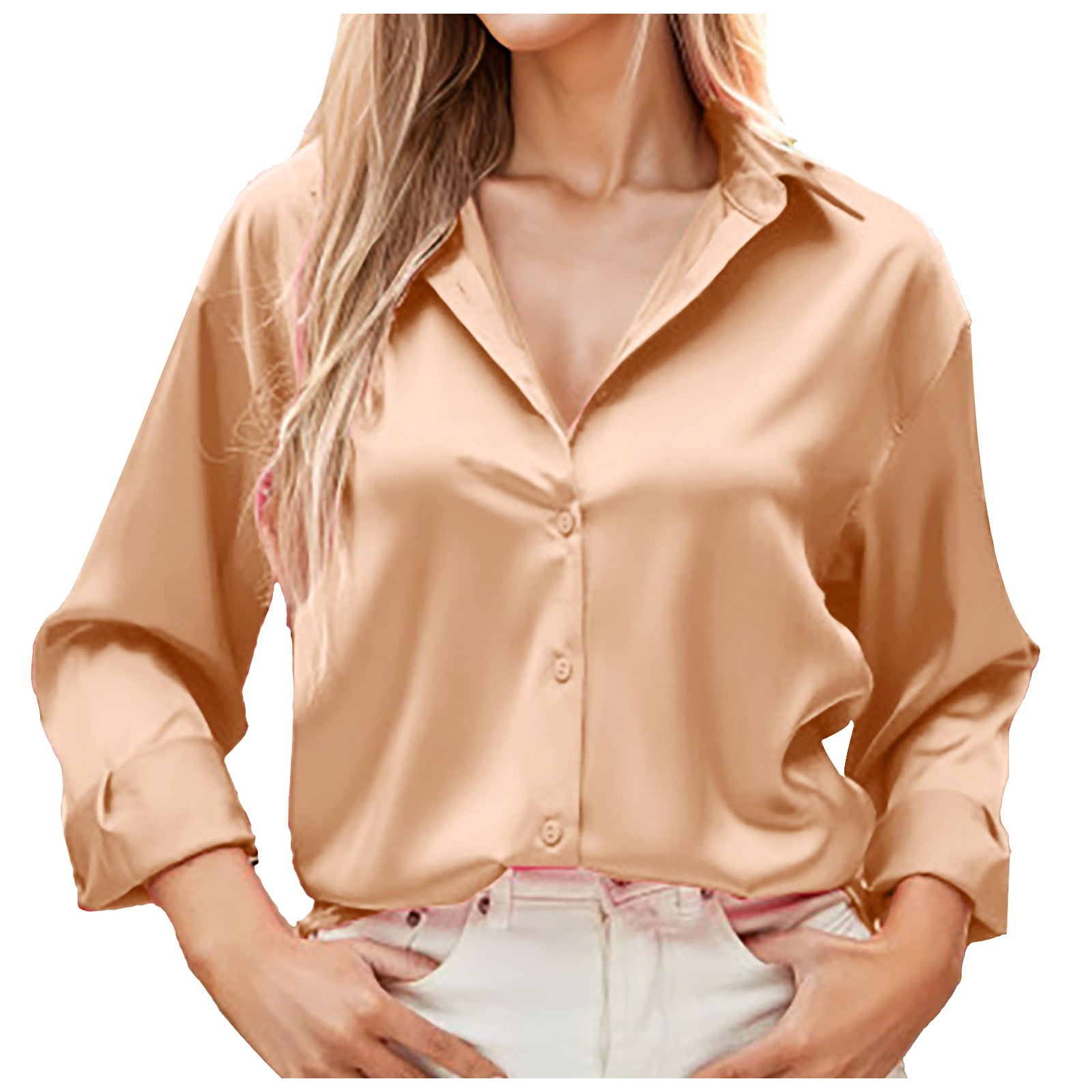 Afdoent Womens Tops Women Satin Button Down Shirt Long Sleeve Tops Silk Blouse V Neck Dressy ...