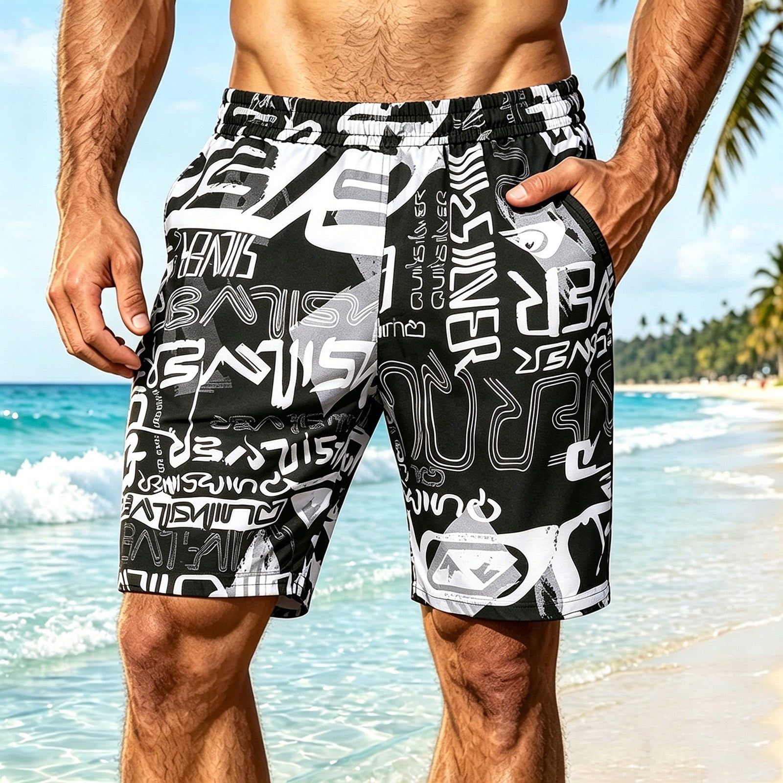 Afelkas Men's Graphic Print Swim Trunks Quick Dry Board Shorts with ...