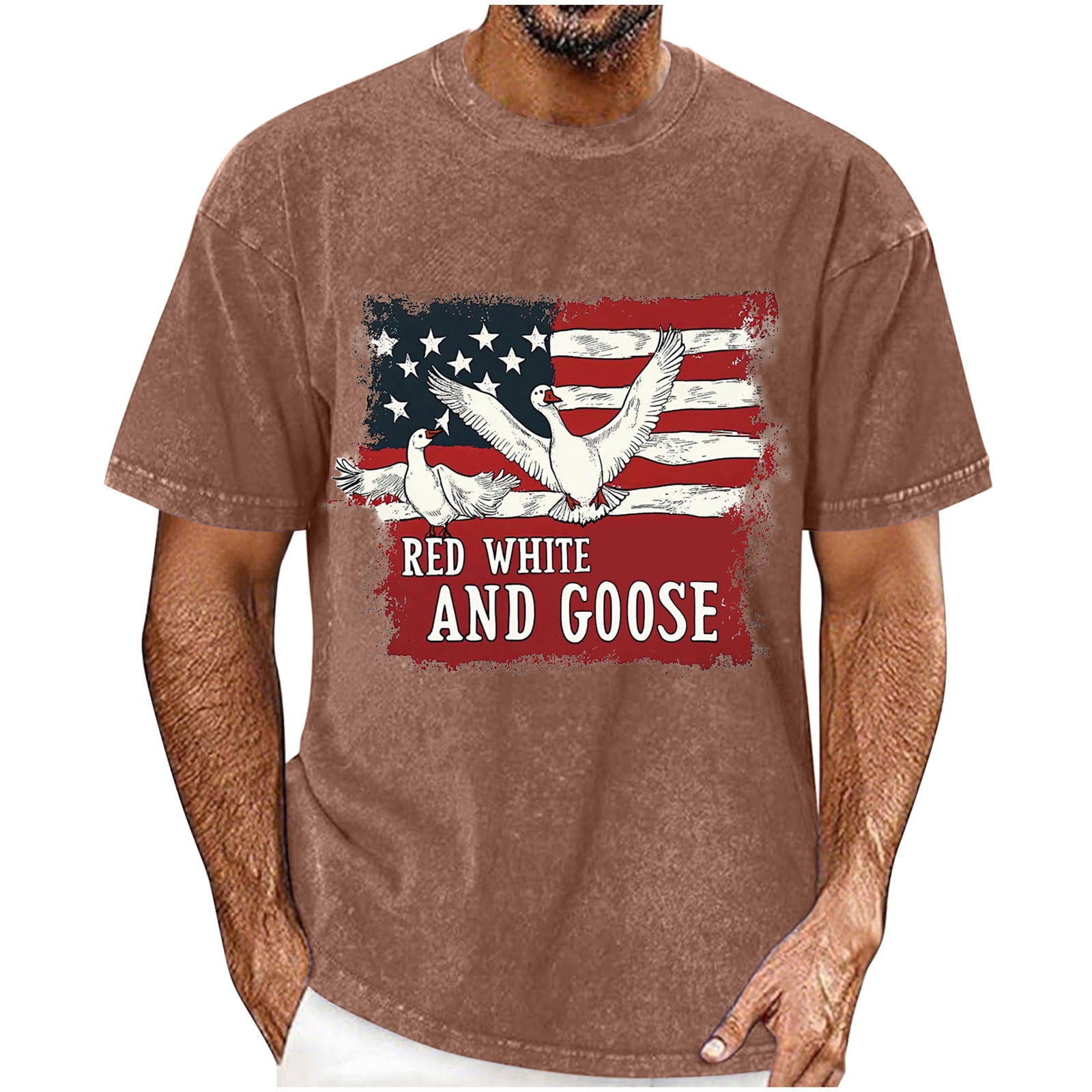 Afelkas Men's Red White and Goose Flock T-Shirt Funny Patriotic Birds ...