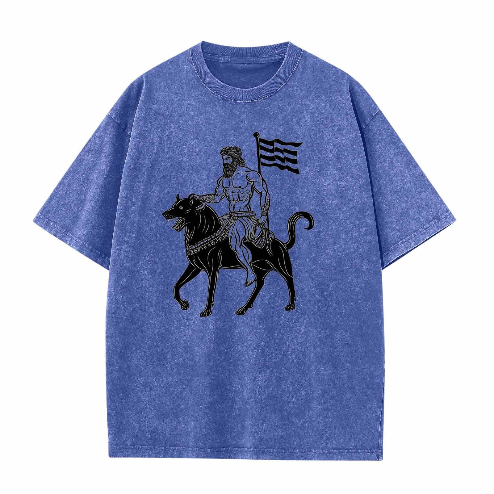 Afelkas Men's Wolf Rider T-Shirt Acid Wash Norse Myth Graphic Tee ...