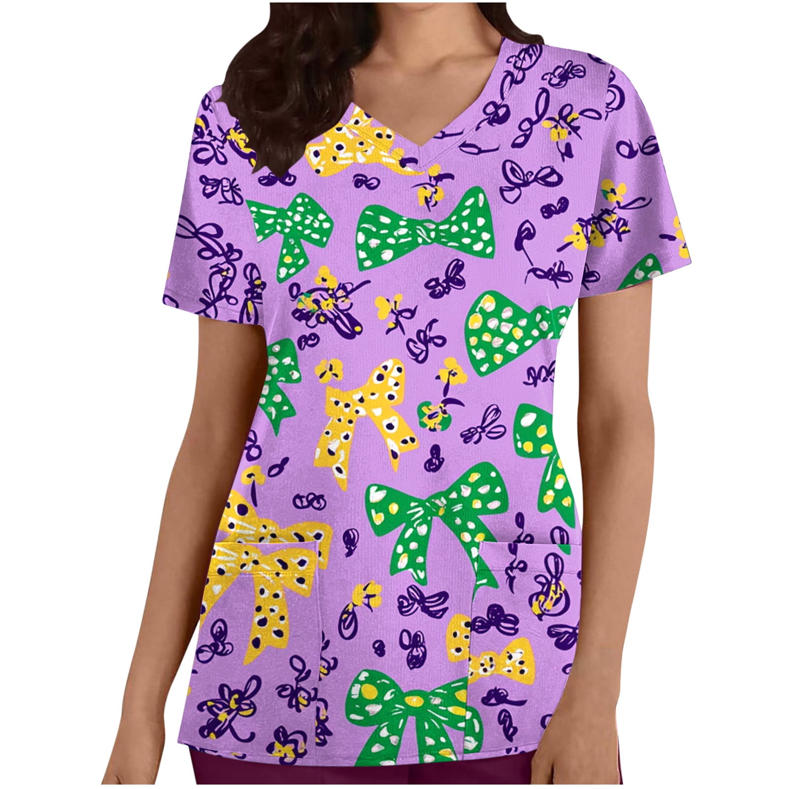 Afelkas Women Carnival Nurse Shirt Polka Dot Bow Tie Print Scrub Top V ...