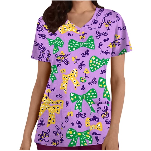 Afelkas Women Carnival Nurse Shirt Polka Dot Bow Tie Print Scrub Top V ...