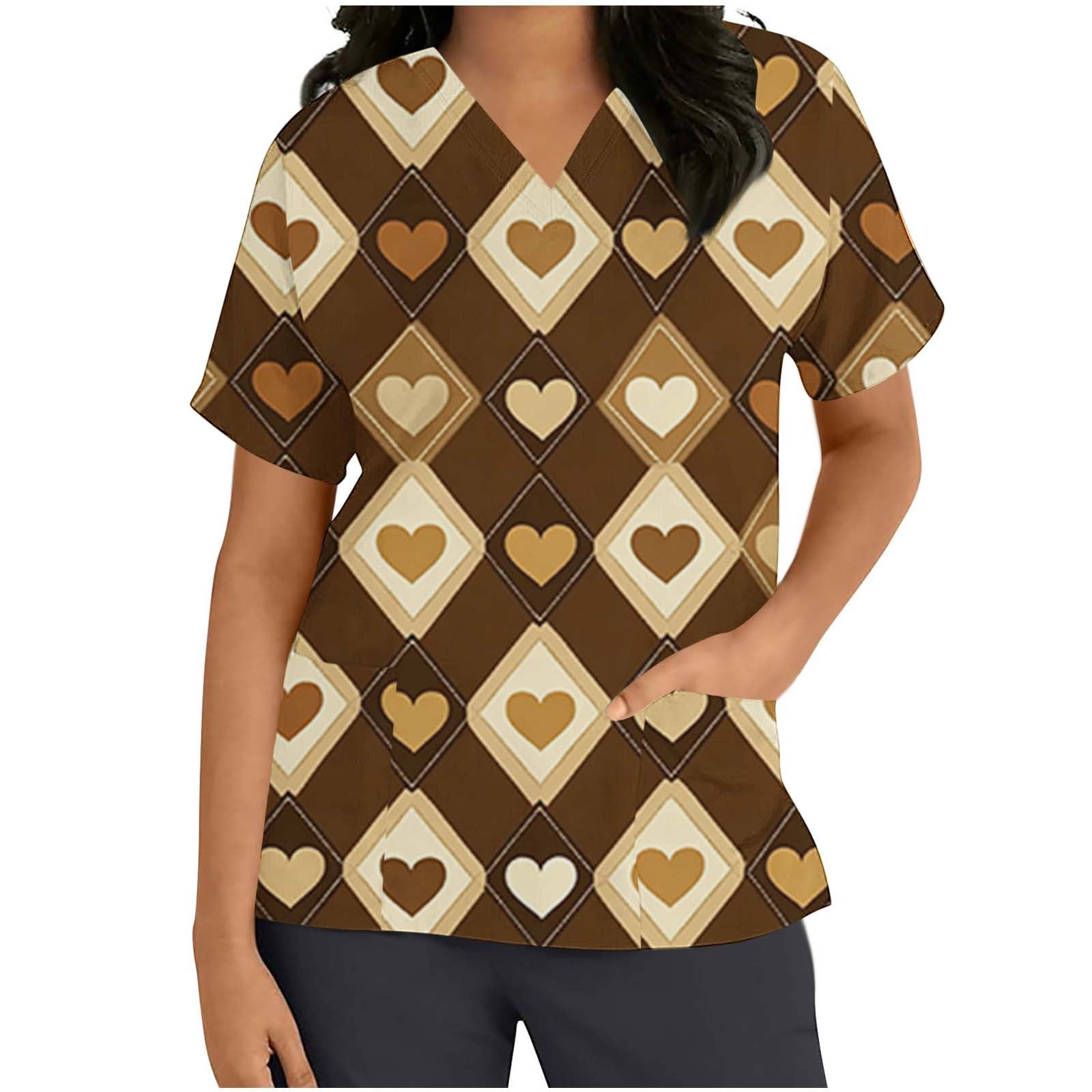 Afelkas Women Chocolate Heart Scrub Top Brown Argyle Print Nurse ...