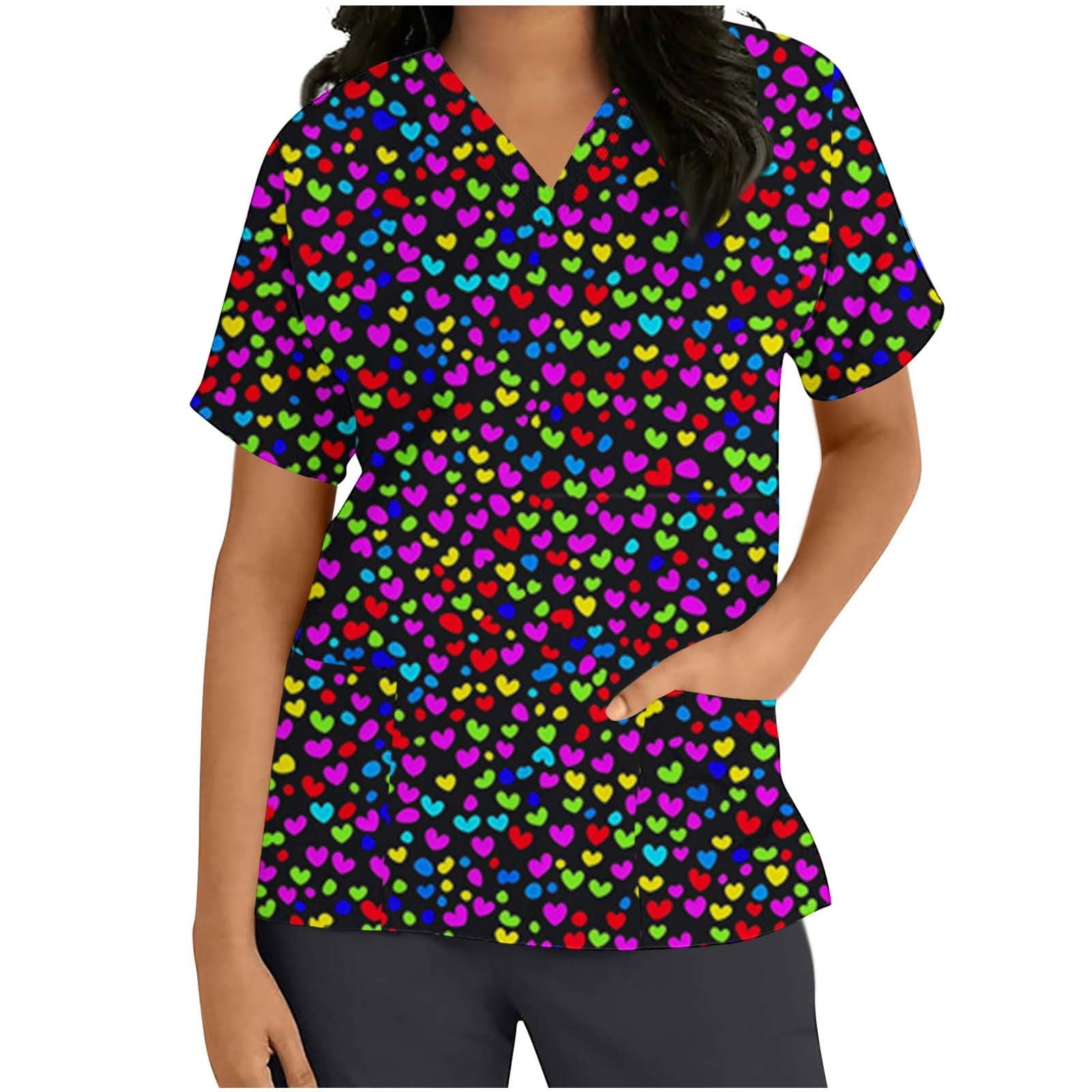 Afelkas Women Confetti Heart Scrub Top Multi Color Digital Print Nurse ...