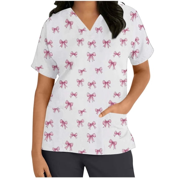 Afelkas Women Coquette Bow Scrub Top Pink Ribbon Print Nurse Uniform V ...