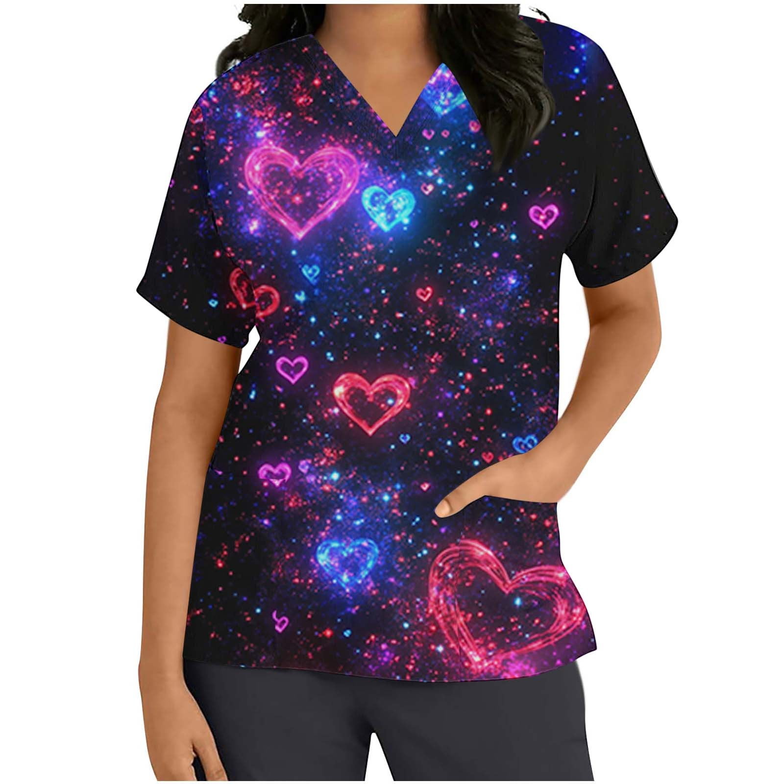 Afelkas Women Galaxy Heart Scrub Top Neon Love Print Nurse Uniform V ...