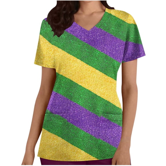 Afelkas Women Glitter Stripe Scrub Top Diagonal Mardi Gras Print Nurse ...