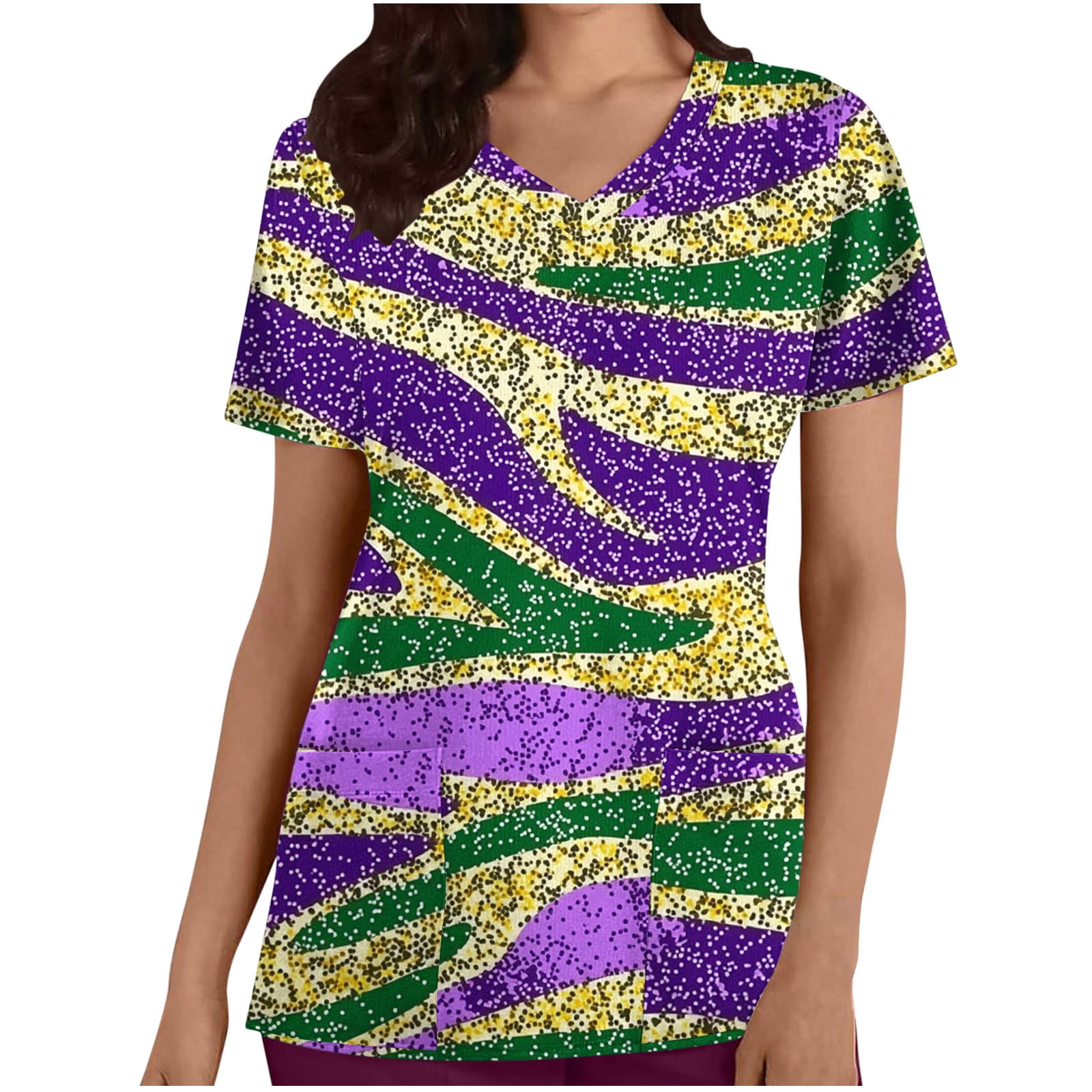 Afelkas Women Glitter Zebra Scrub Top Mardi Gras Animal Print Nurse ...