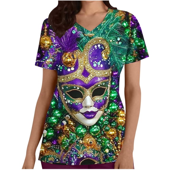 Afelkas Women Holiday Medical Uniform Purple Masquerade Face Print ...