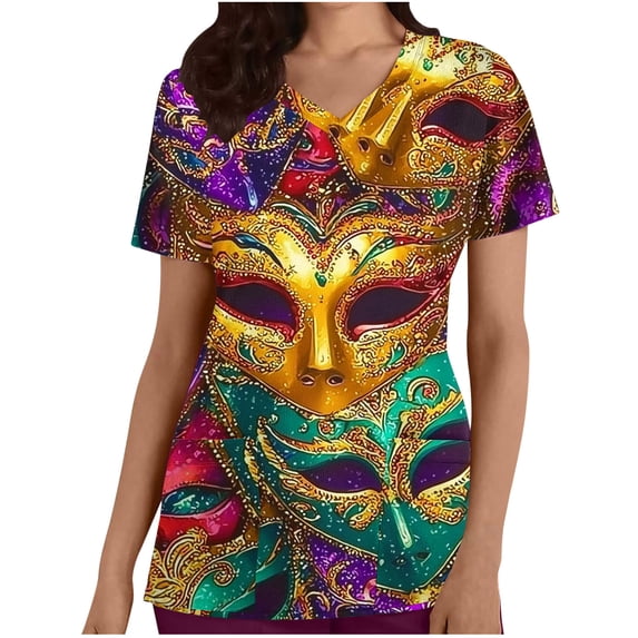 Afelkas Women Mardi Gras Scrub Top Golden Masquerade Mask Print Nurse ...