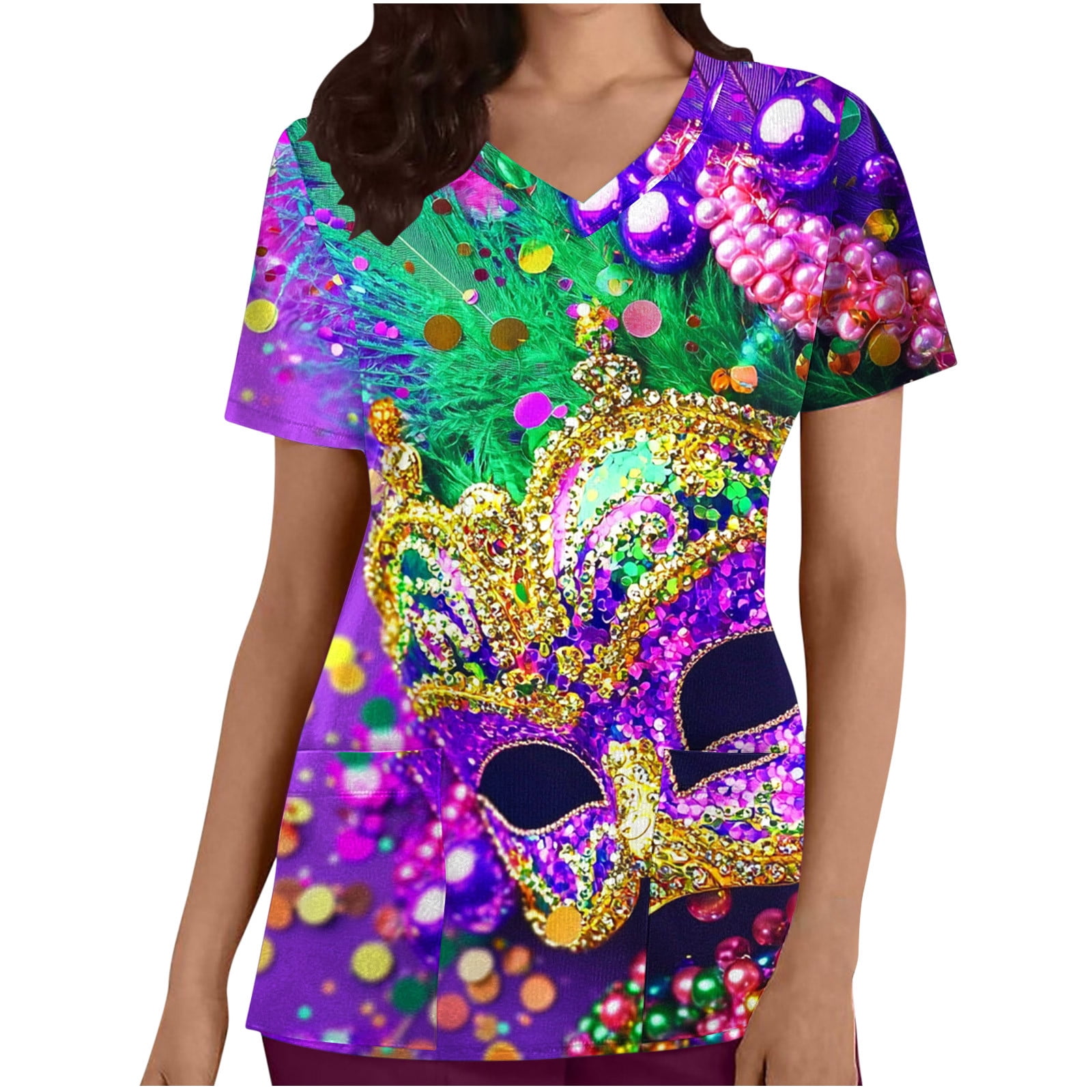 Afelkas Women Mardi Gras Scrub Top Peacock Feather Mask Print V-Neck ...