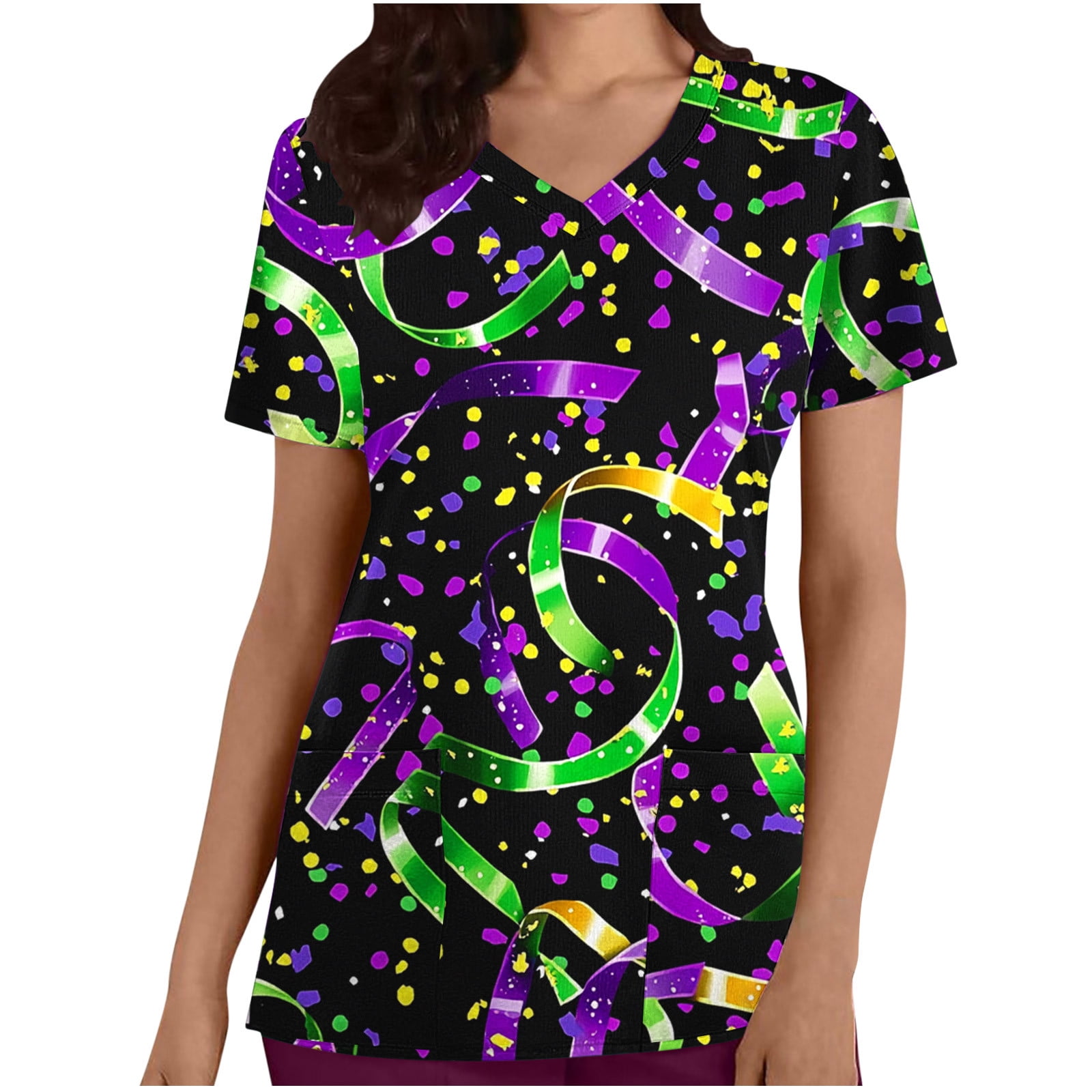 Afelkas Women Mardi Gras Streamer Scrub Top Black Confetti Print Nurse ...