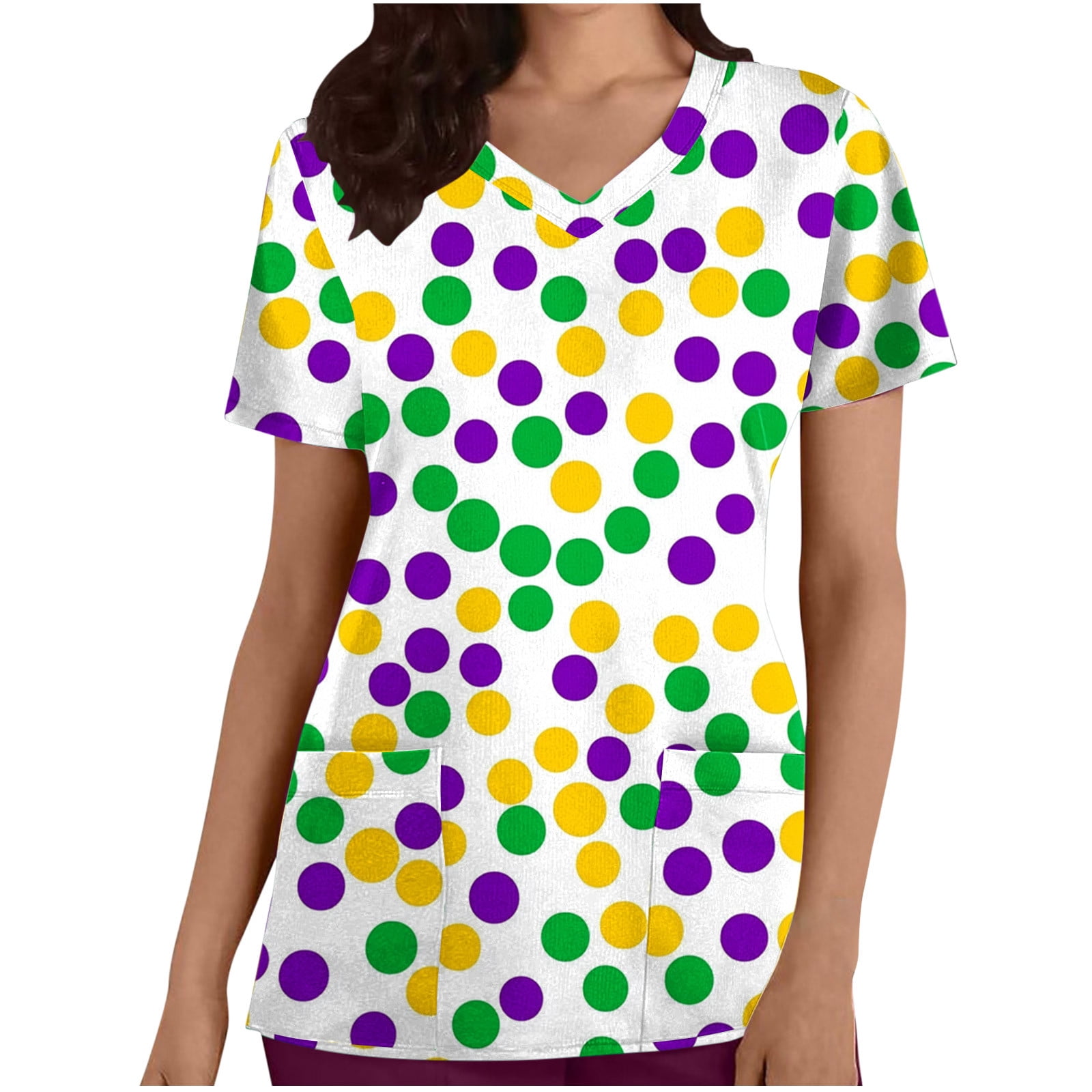 Afelkas Women Polka Dot Scrub Top Mardi Gras Colors Big Spot Print ...