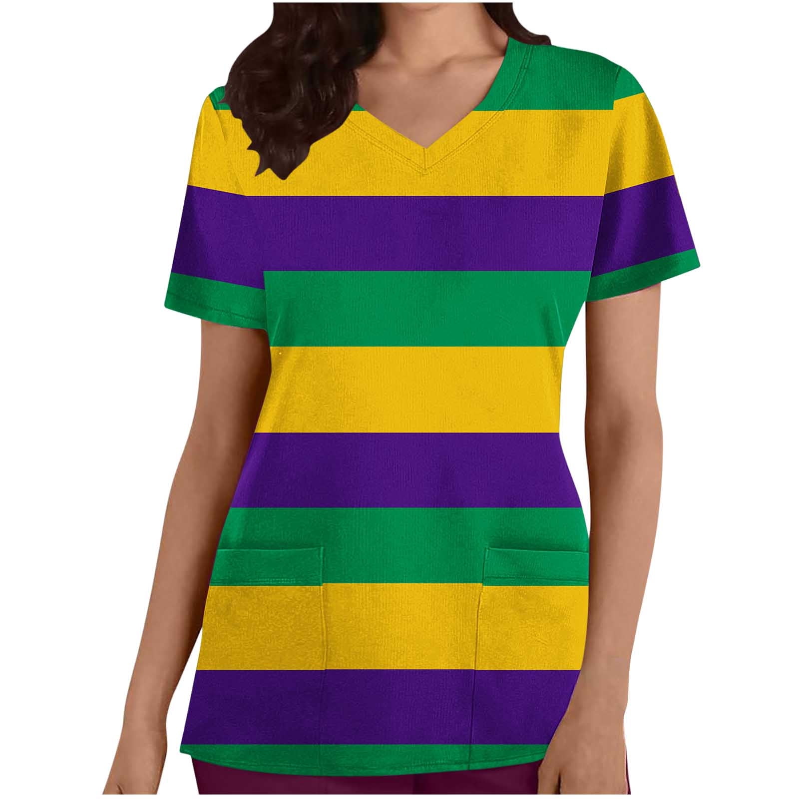 Afelkas Women Striped Mardi Gras Scrub Top Purple Green Gold Nurse ...