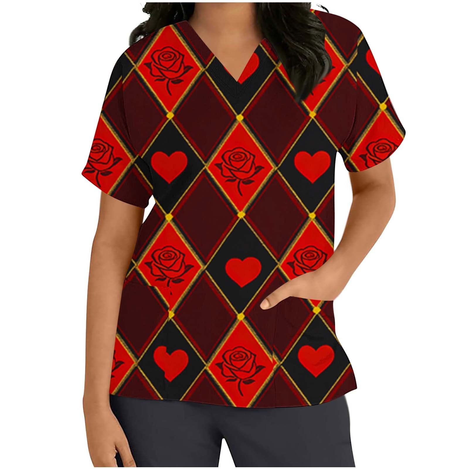 Afelkas Women Valentines Scrub Top Gothic Rose Argyle Print Nurse ...