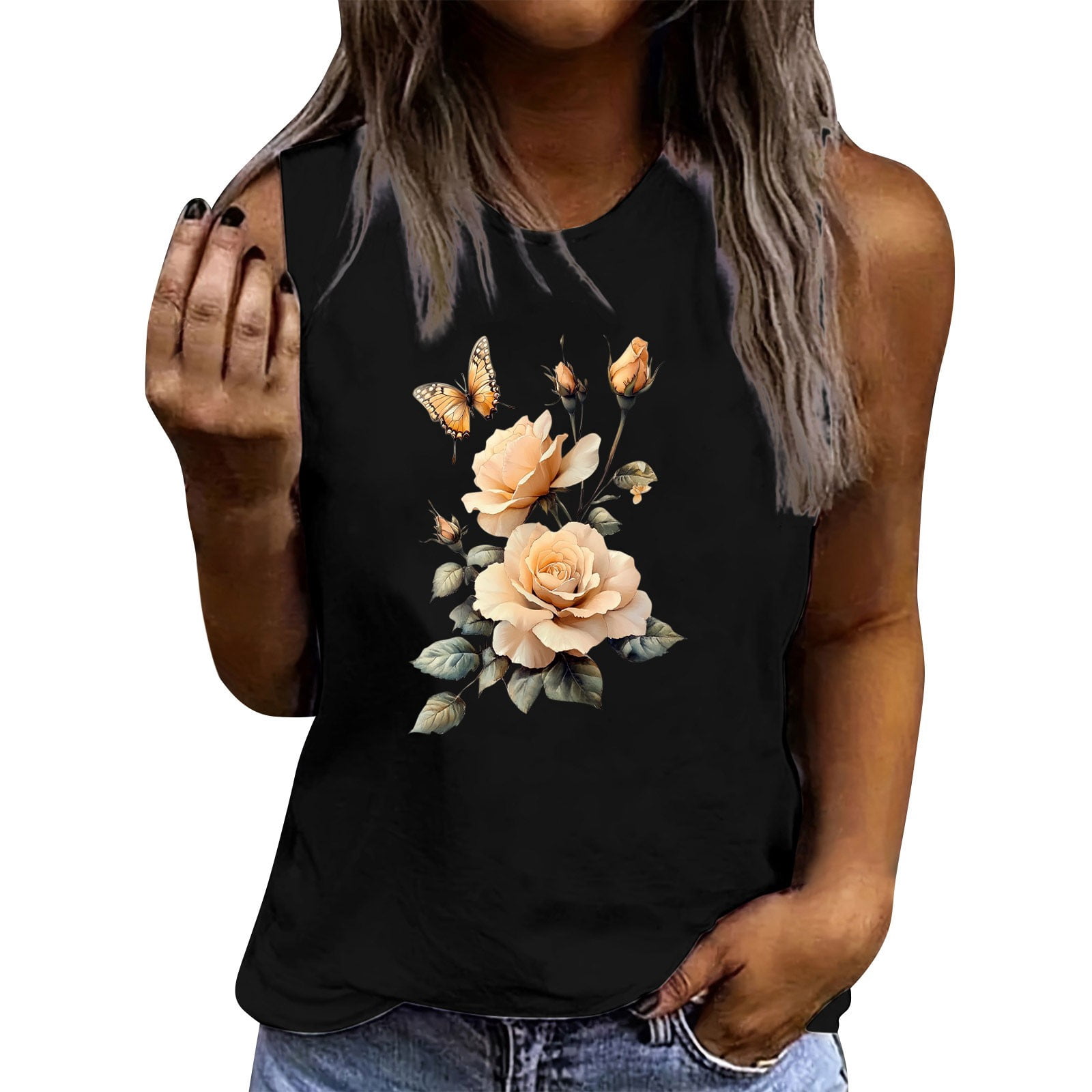 Afelkas Women's Golden Rose Tank Tops Butterfly and Floral Graphic ...
