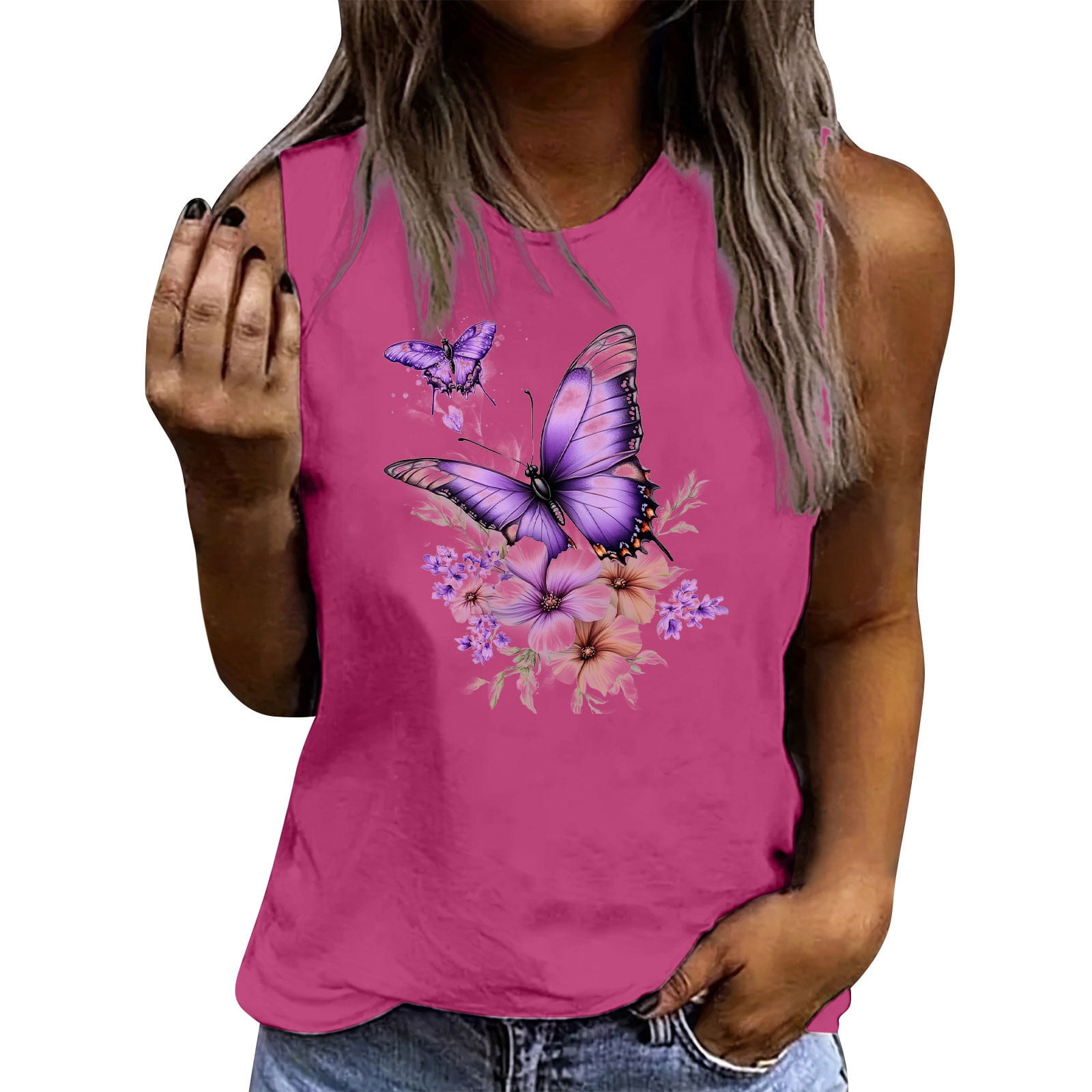 Afelkas Women's Purple Butterfly Tank Tops Floral Graphic Sleeveless ...