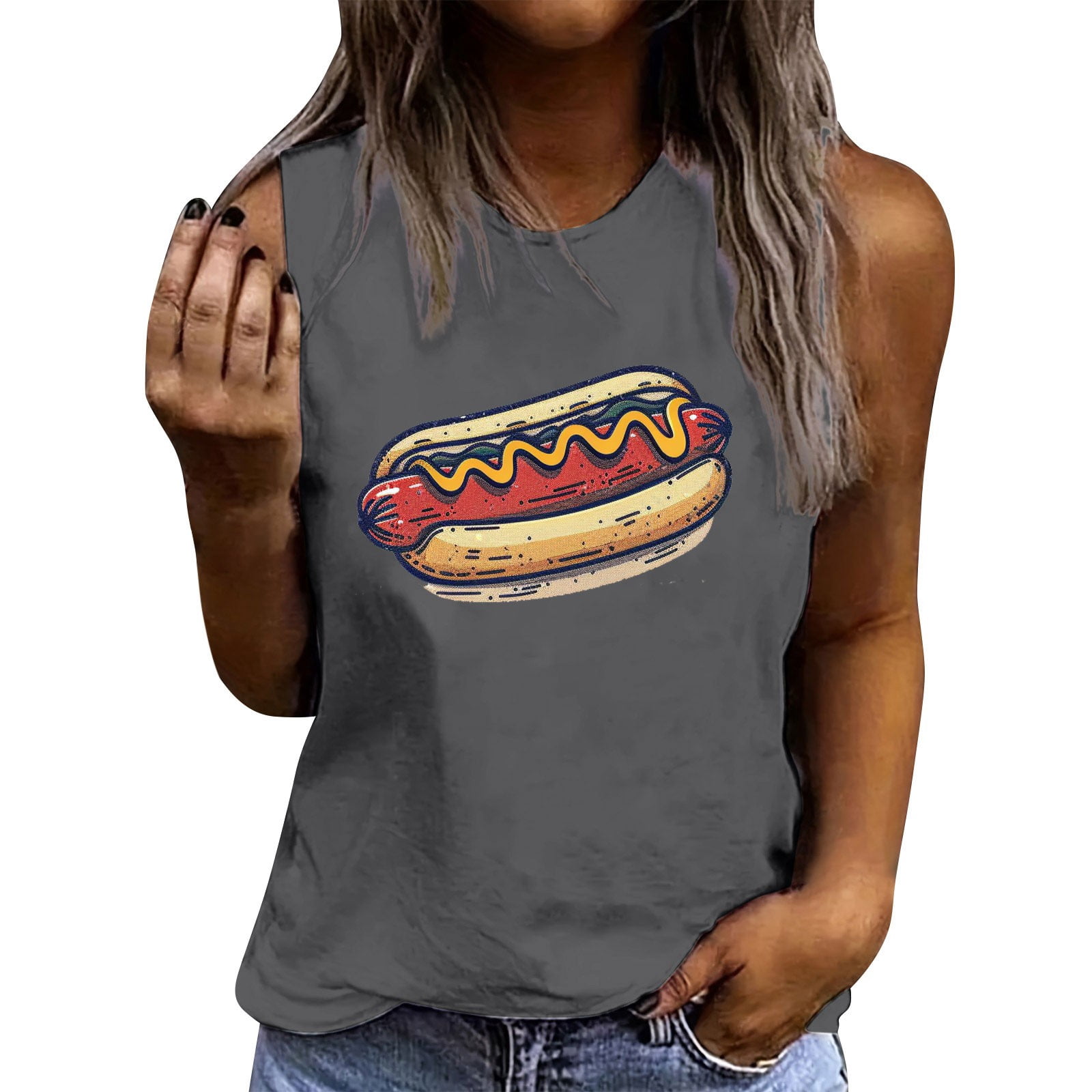 Afelkas Women's Retro Hot Dog Tank Tops Patriotic Graphic Sleeveless ...