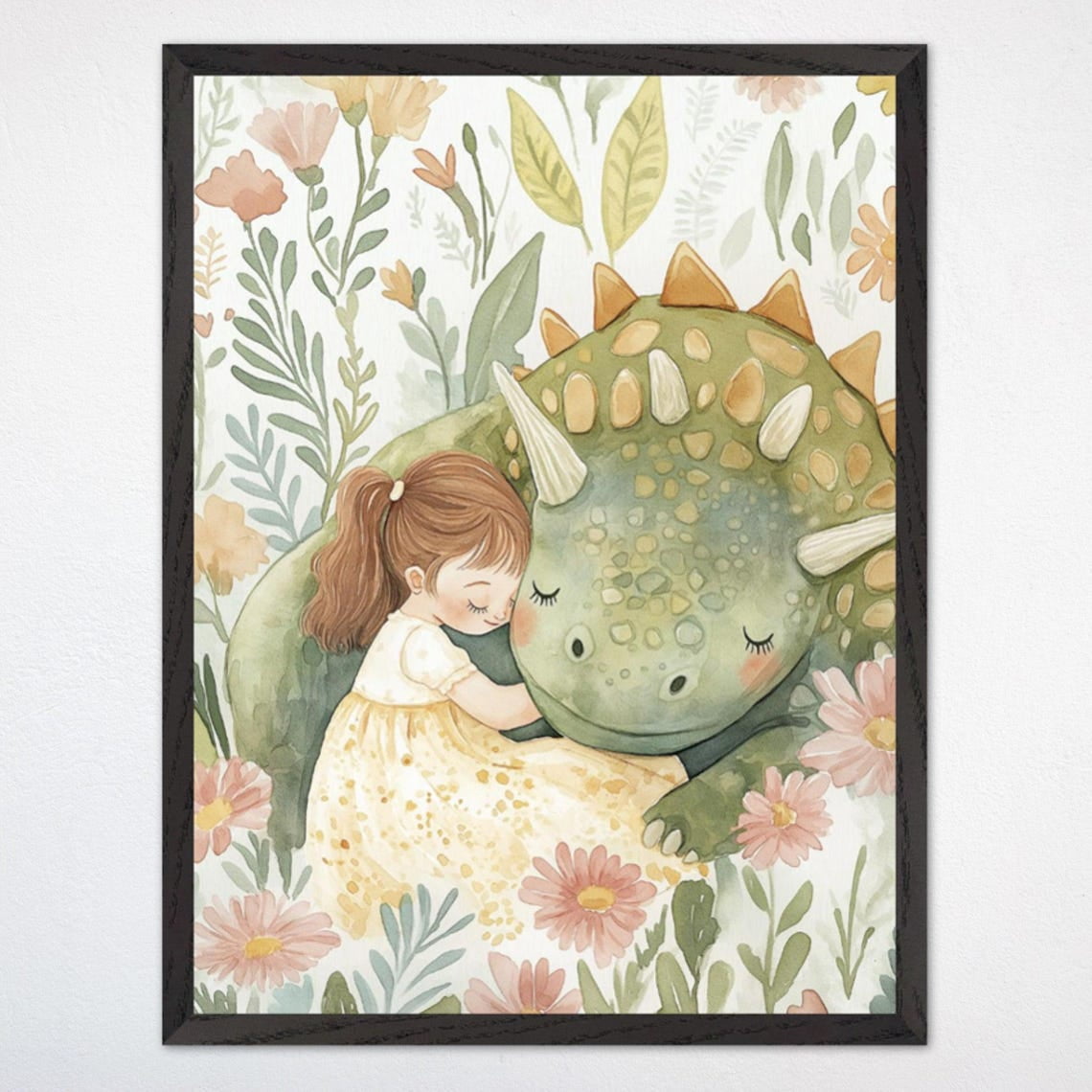 Affectionate Dinosaur Flower Hug Wall Art, Girls Nursery Art, Whimsical ...