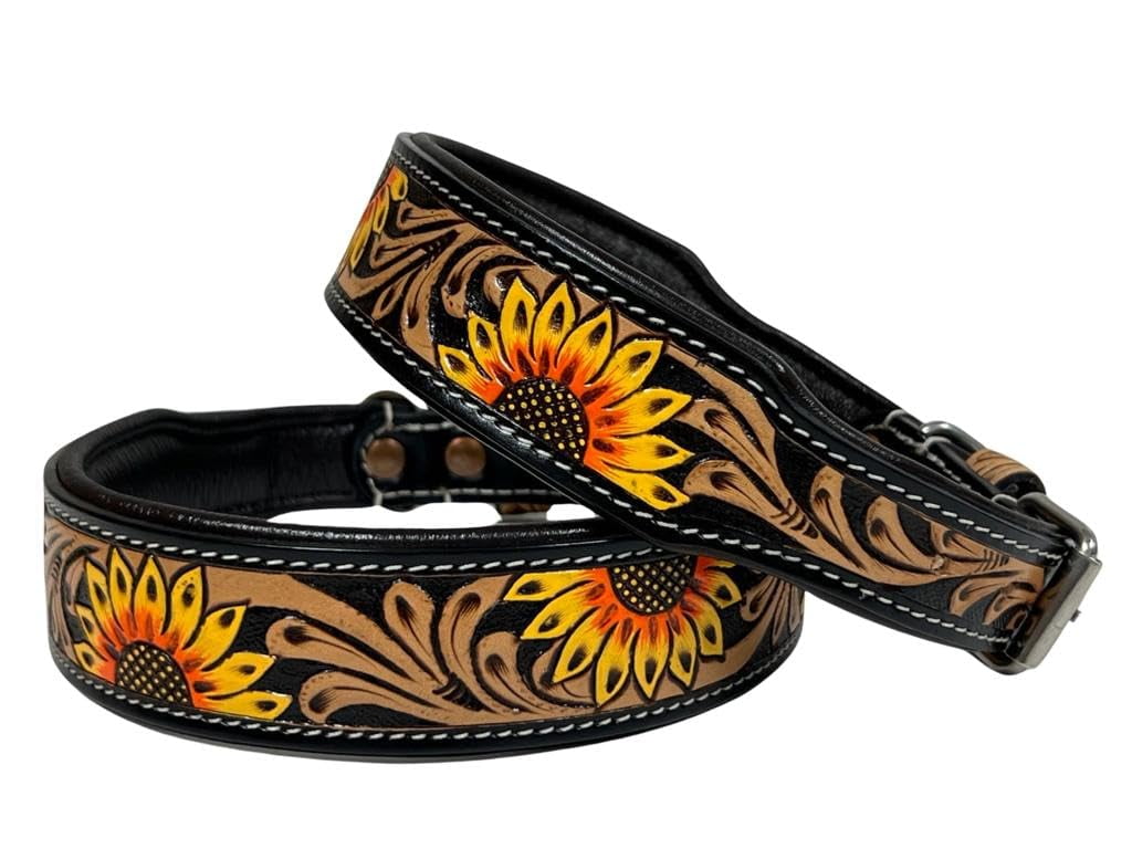 Affilare Leather Dog Collar Western Style Heavy Duty Sunflower Tooled ...