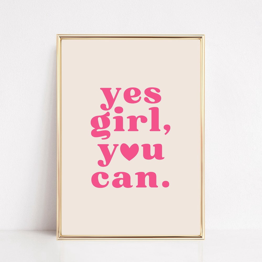 Affirmation Wall Art, Yes Girl You Can, Pink Home Decor, Trendy Retro ...