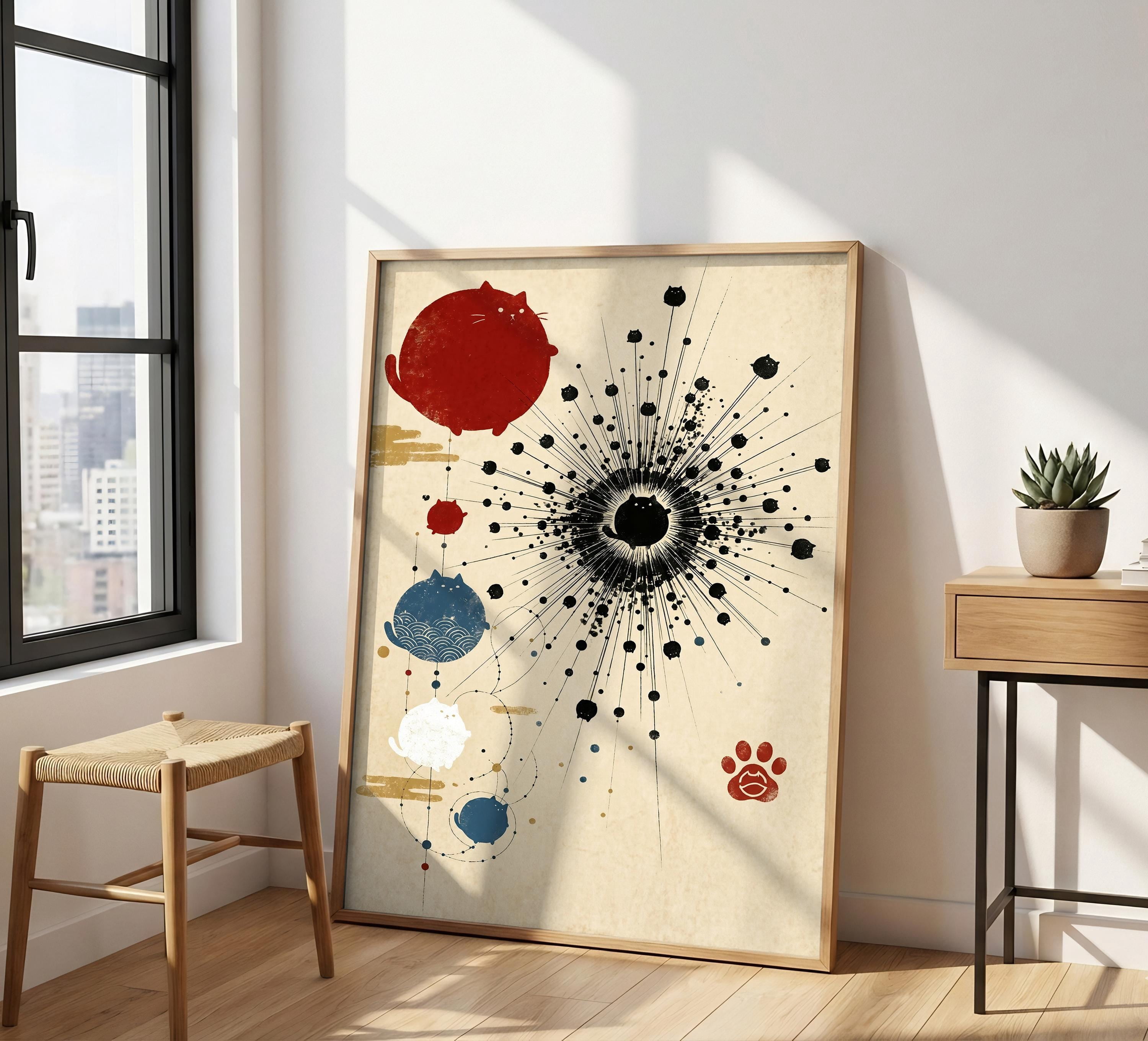 Affixzi Abstract Celestial Cat Print – Japanese Cat Wall Art, Mid ...