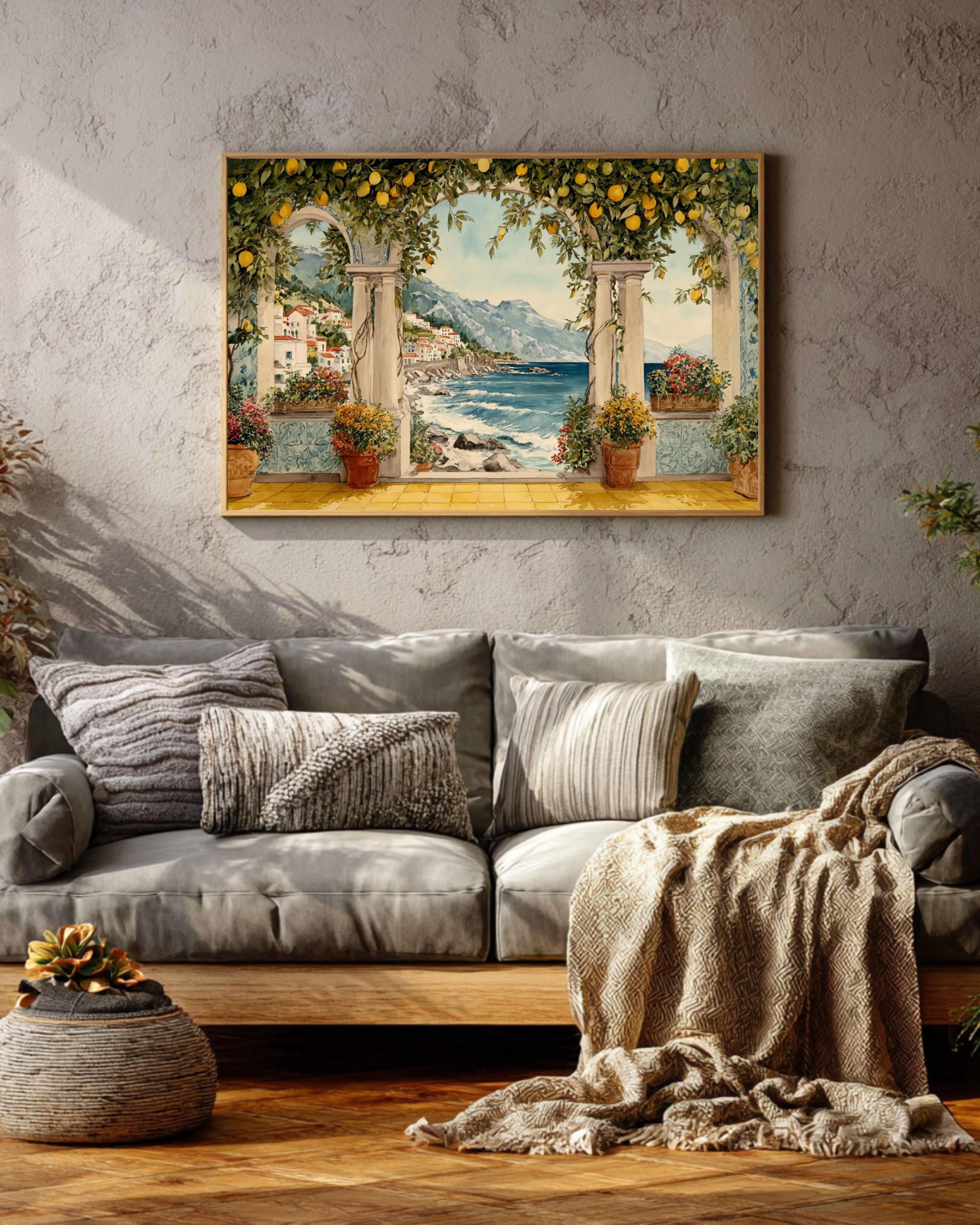Affixzi Amalfi Coast Lemon Terrace Art, Mediterranean Coastal View Wall ...